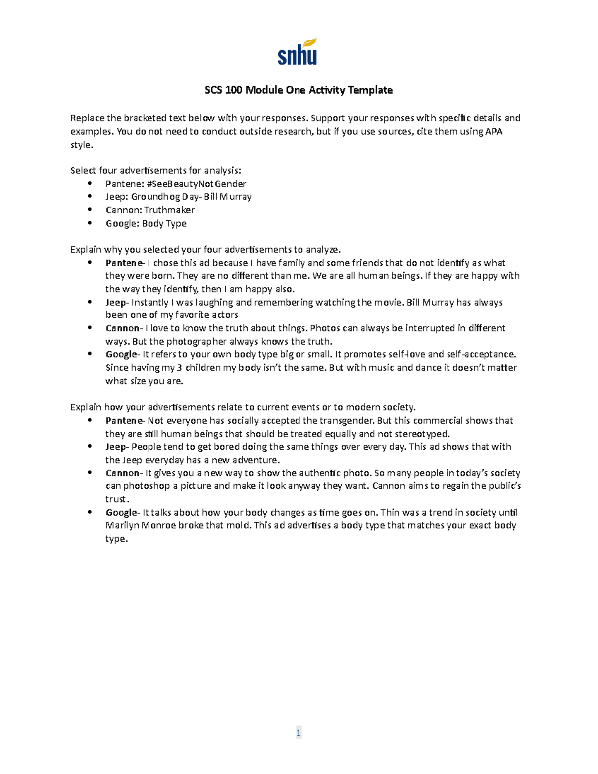 SCS 100 Module One Activity Template completed - SCS 100 Module One ...