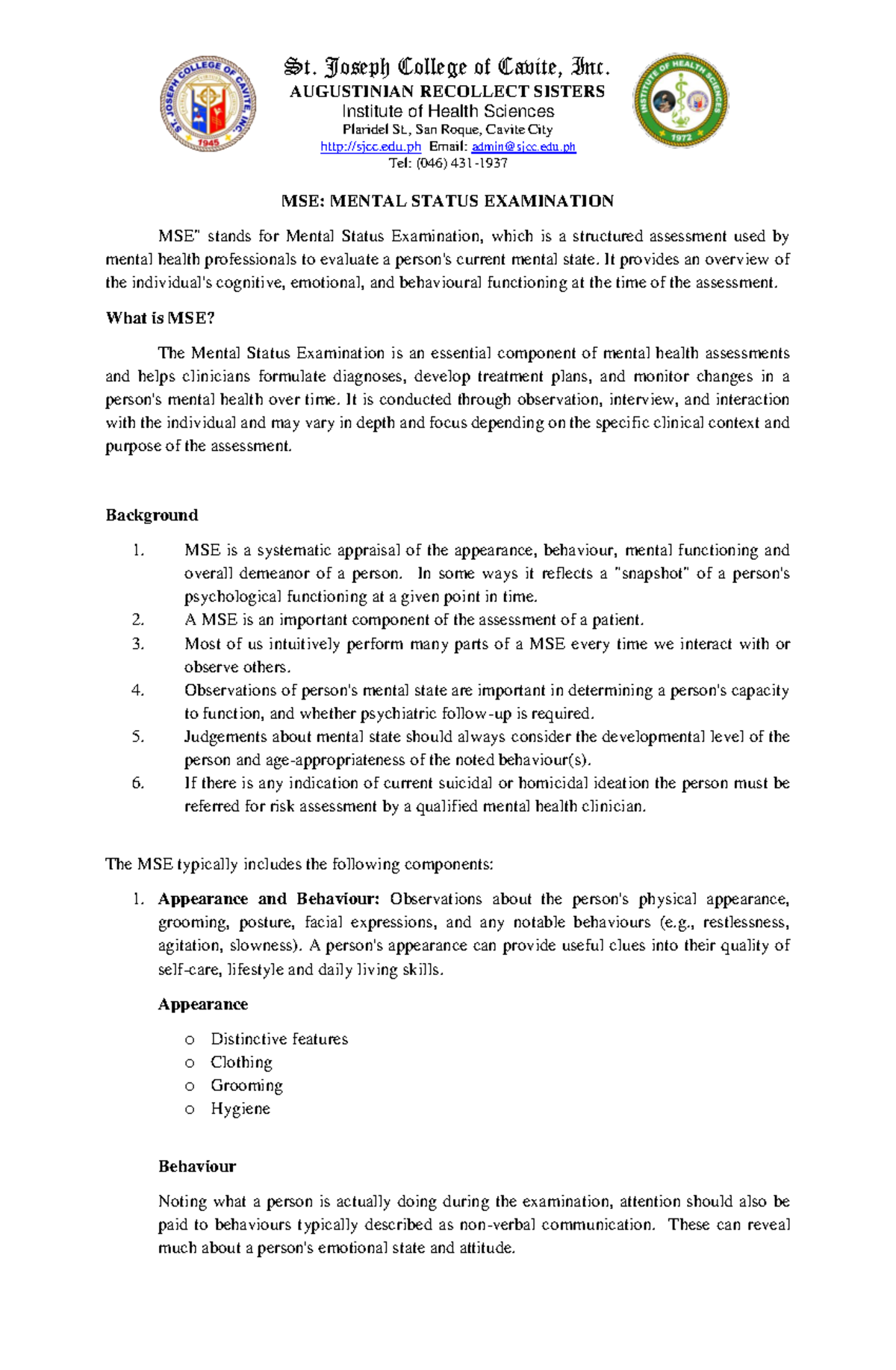MSE Mental Status Examination - AUGUSTINIAN RECOLLECT SISTERS Institute ...