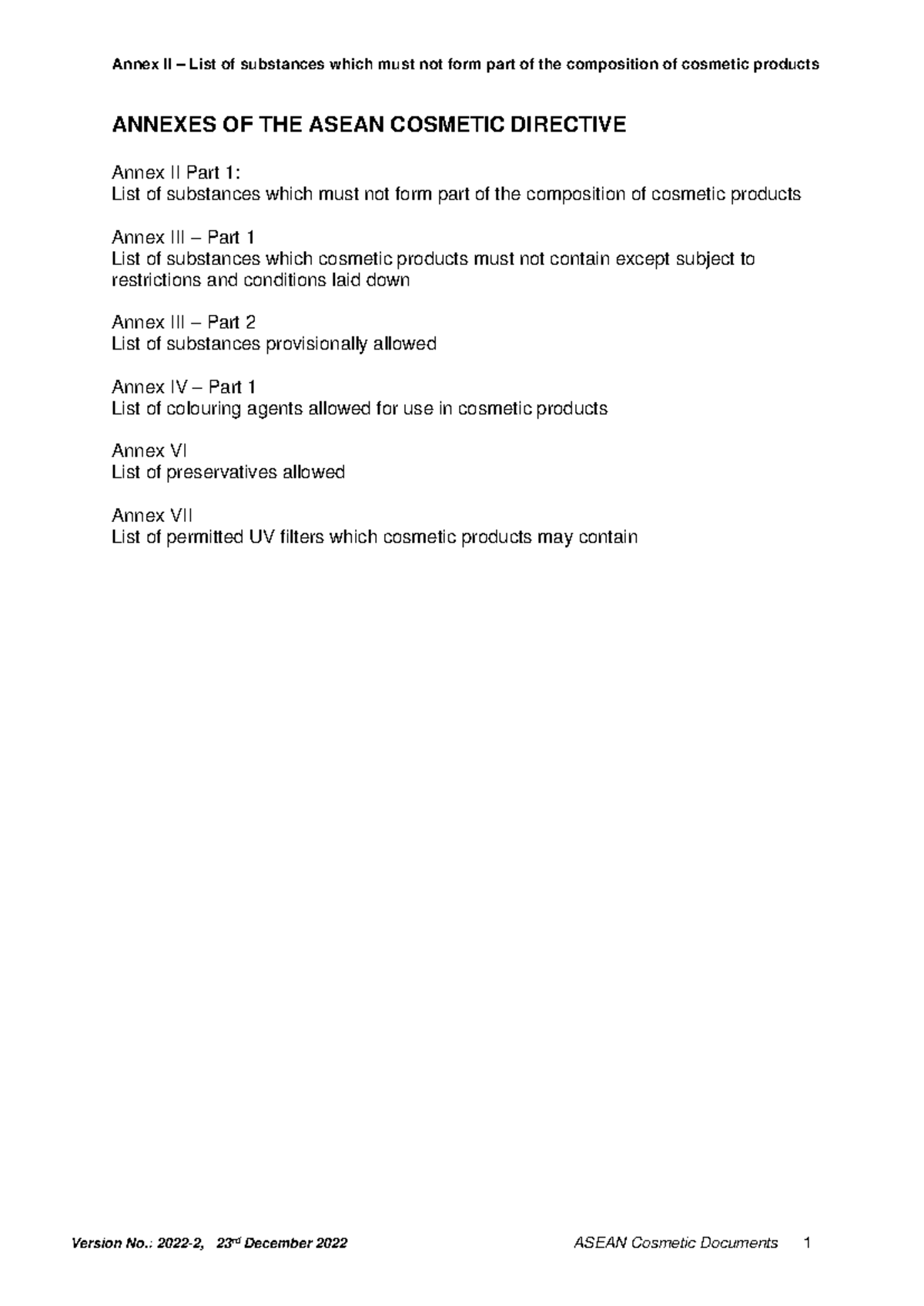Annex II Release-23-Dec-2022 - ANNEXES OF THE ASEAN COSMETIC DIRECTIVE ...