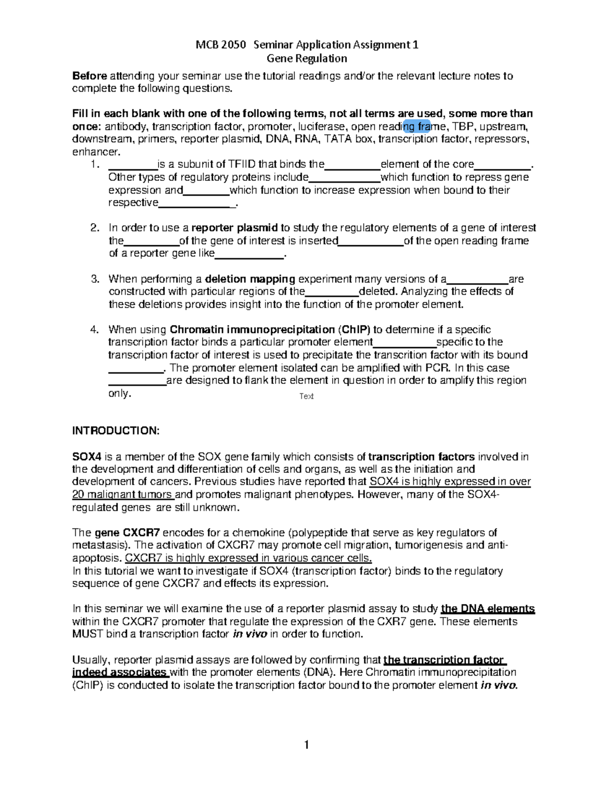 Gene regulation Seminar - MCB 2050 Seminar Application Assignment 1 Gene Regulation Before ...