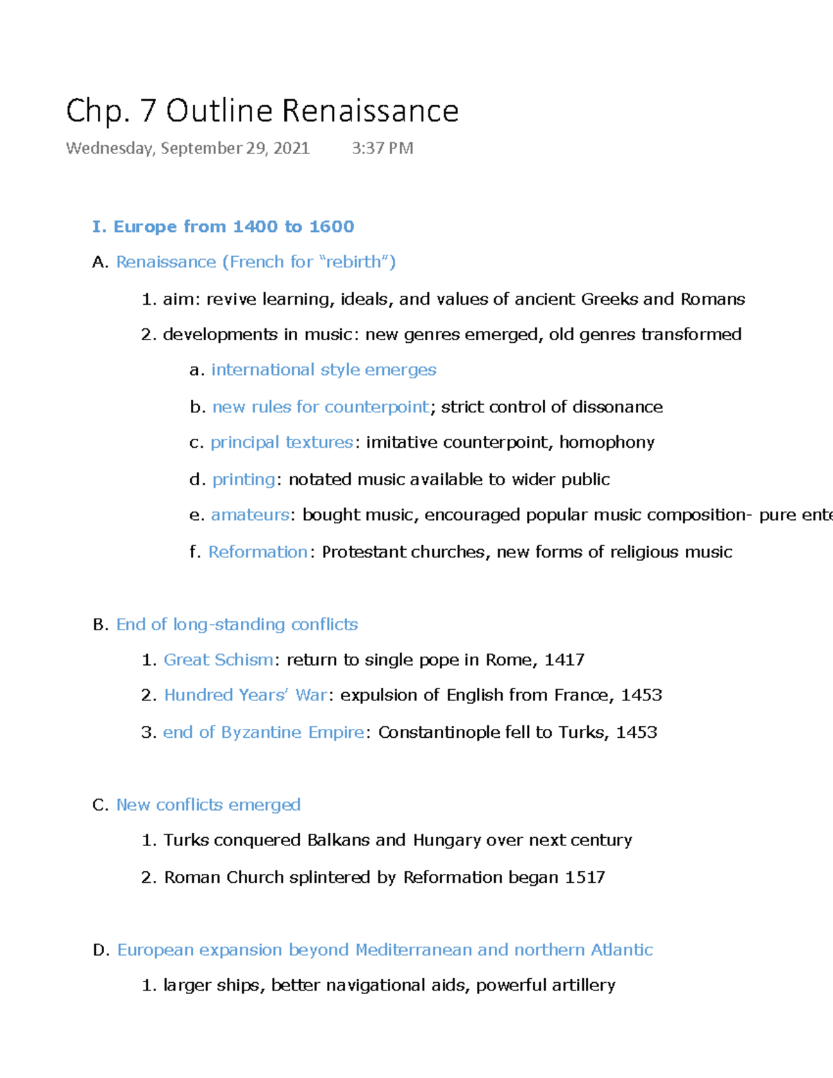 Chp. 7 Outline Renaissance - I. Europe from 1400 to 1600 A. Renaissance ...