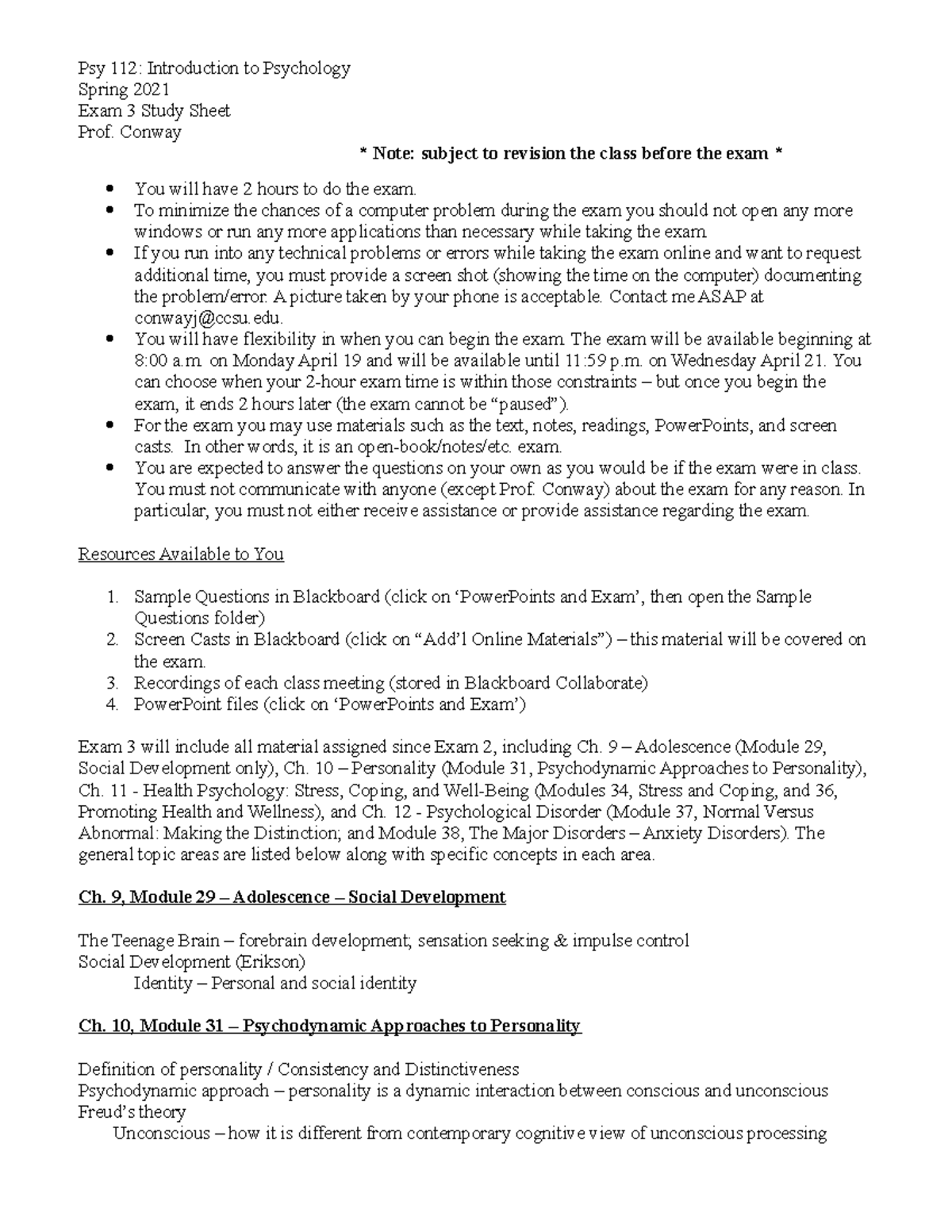 Psy 112 Exam 3 Study Sheet Spring 2021 - Psy 112: Introduction to Psychology Spring 2021 Exam 3 ...