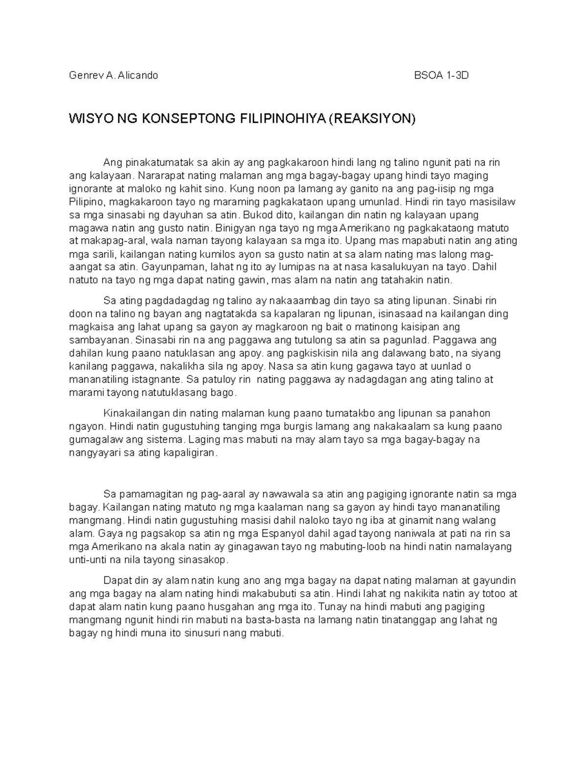 1st Semester Filipinohiya Gawain 4 - Genrev A. Alicando BSOA 1-3D WISYO ...