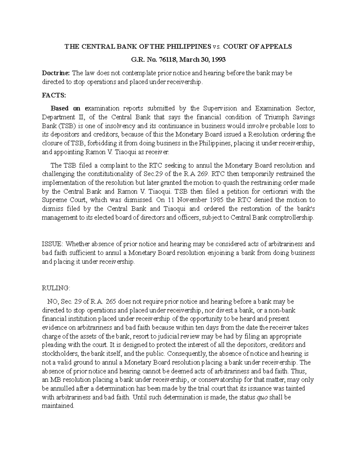 Digest-mica - case digest-adr - THE CENTRAL BANK OF THE PHILIPPINES vs. COURT OF APPEALS G. No ...