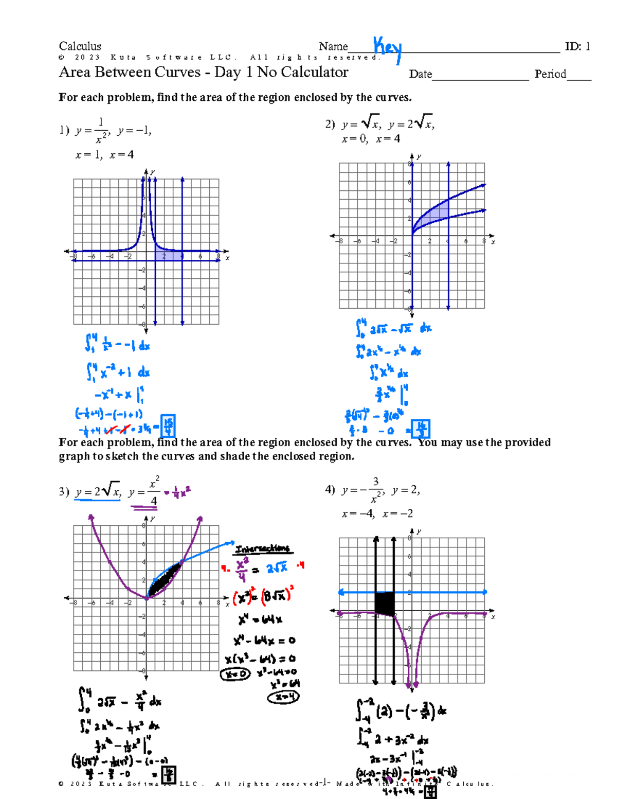 8.4 Area Between Curves - Day 1 No Calculator - ©e J 2 c 0 r 2 w 3 ...