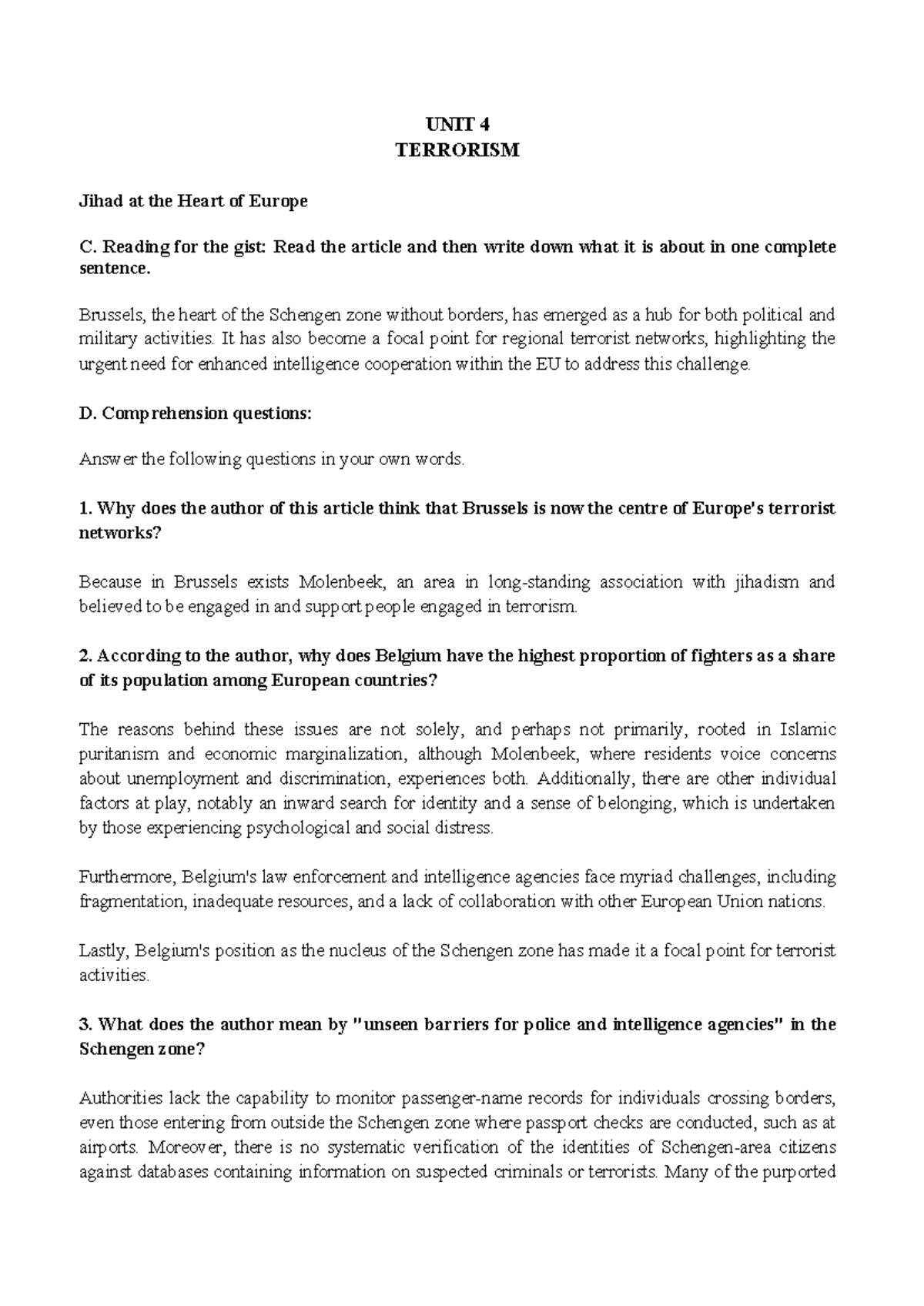 [TACN IV - UNIT 4] Trần Ngọc Diệp - UNIT 4 TERRORISM Jihad at the Heart of Europe C. Reading ...