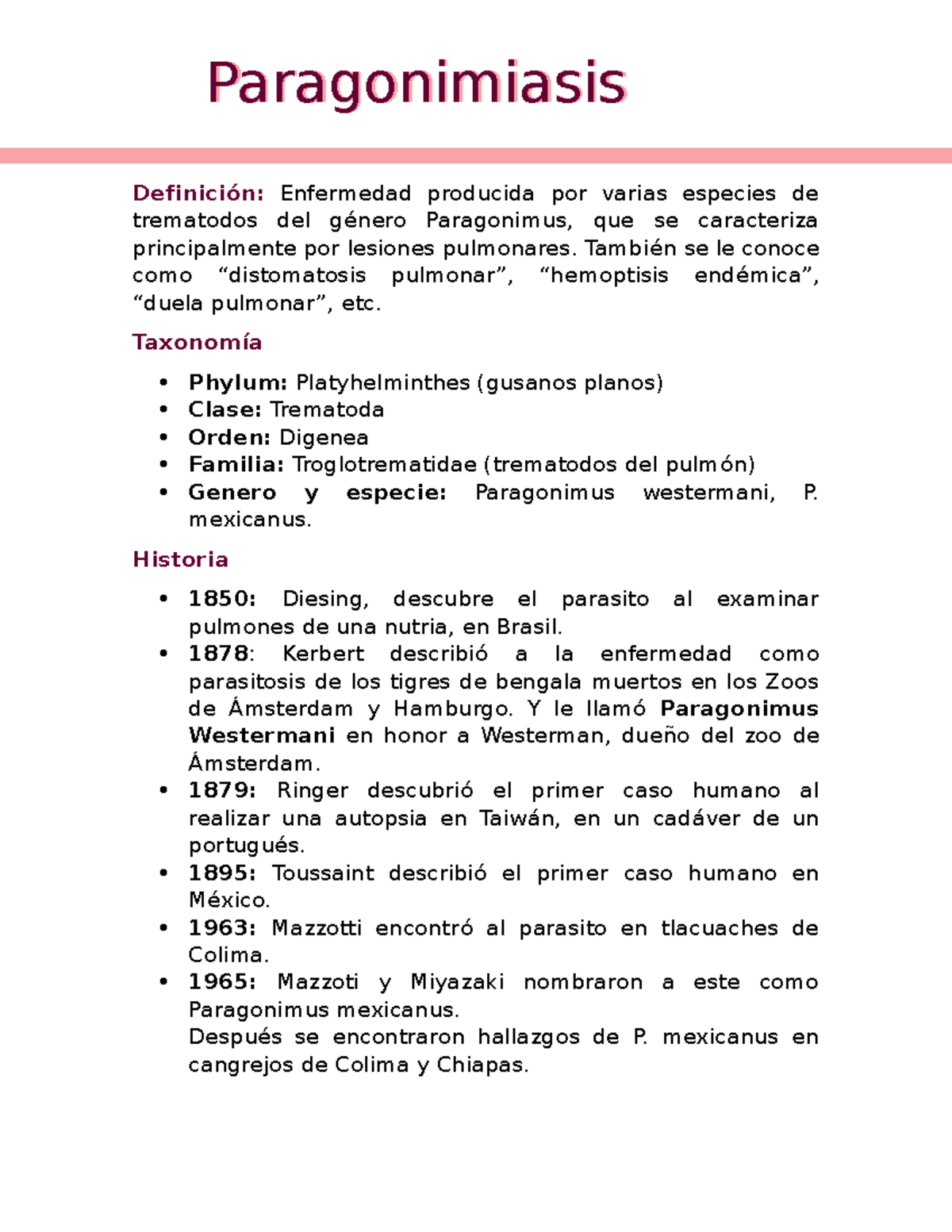 Paragonimiasis-resumen - Definición: Enfermedad producida por varias ...