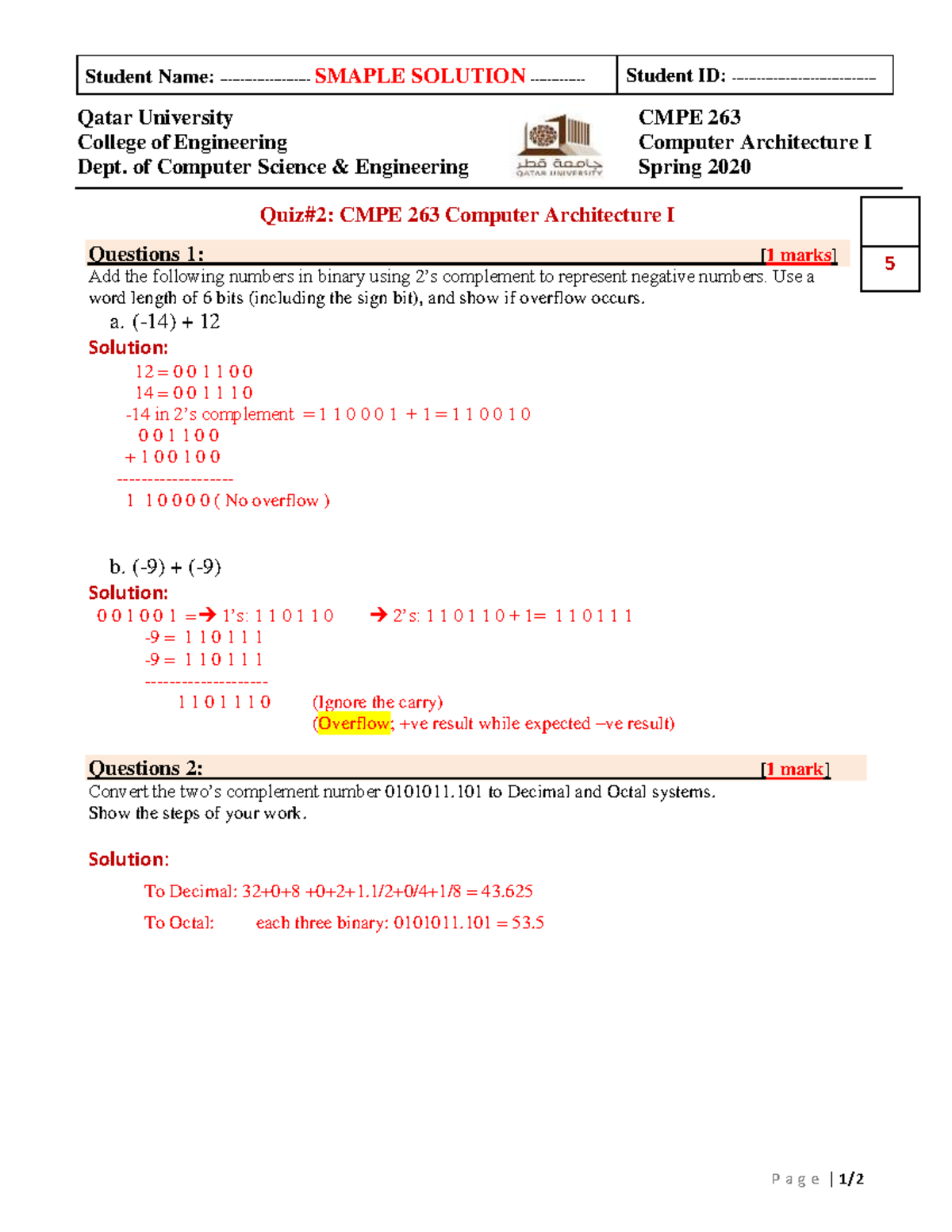 Quiz02-2-CMPE 263 Spring 2020-L52-Solution 2021-01-27 07 06 12 - P a g e | 1/ Student Name ...