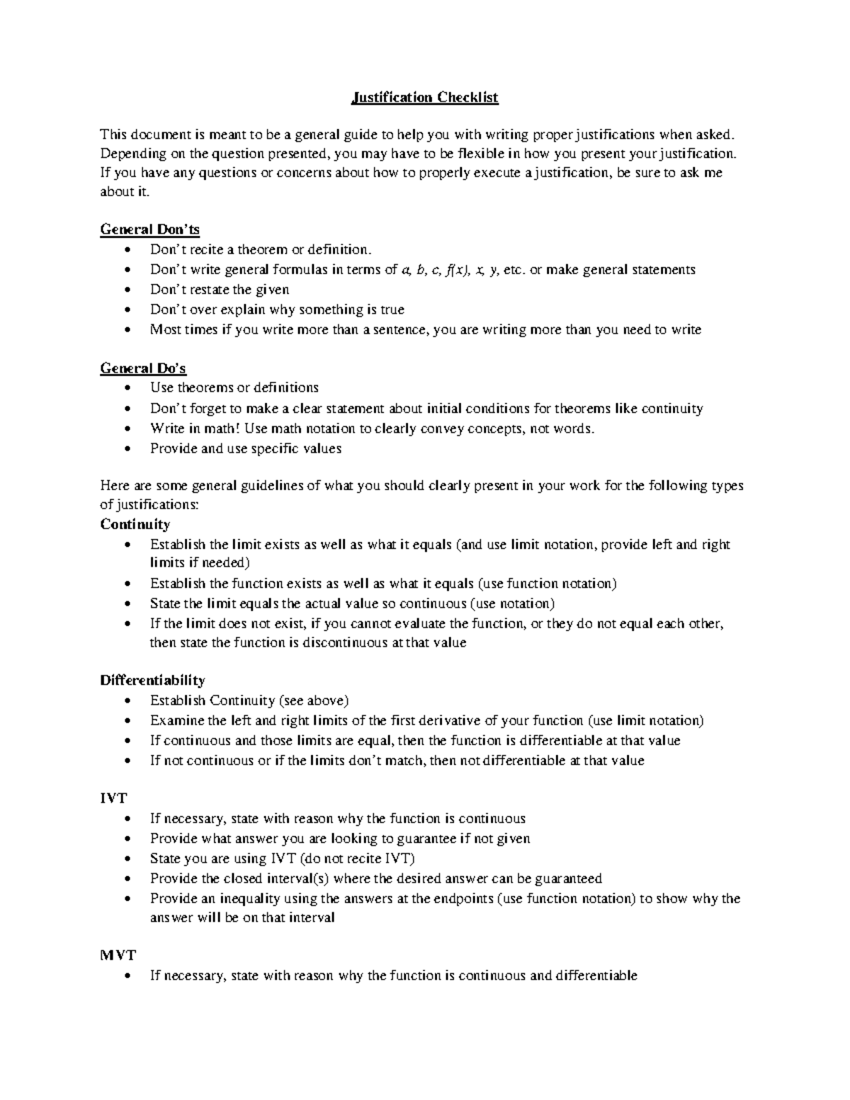 Justification Checklist - Depending on the question presented, you may ...