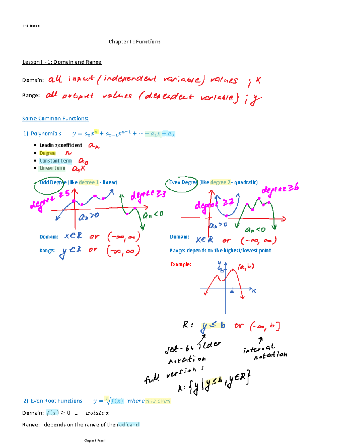 I - 1 Lesson - Calculus 12 Chapter 1 Notes - Domain: Range: Some Common ...