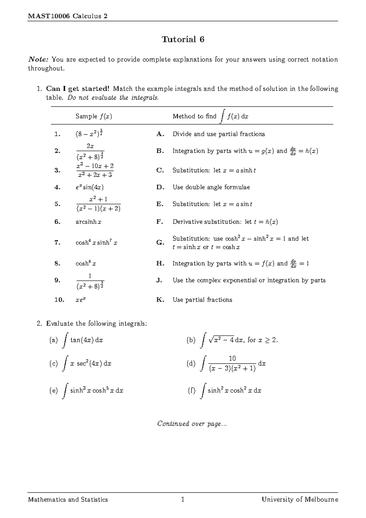 MAST10006 Tute6 - MAST10006 Calculus 2 Tutorial 6 Note: You are ...