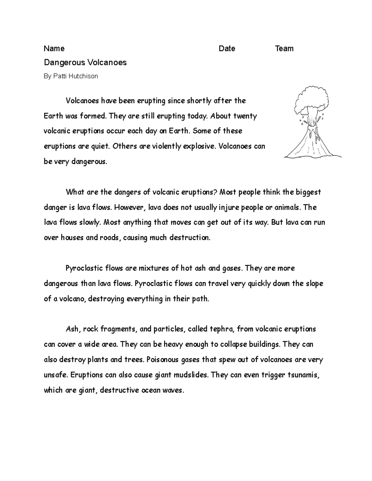 Volcano Reading assignment - Name Date Team Dangerous Volcanoes By Patti Hutchison Volcanoes ...