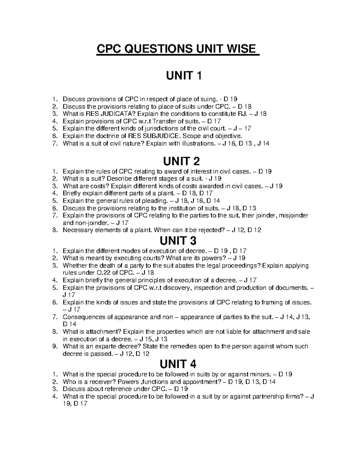 CPC Questions UNIT WISE - CPC QUESTIONS UNIT WISE - **UNIT** Discuss ...