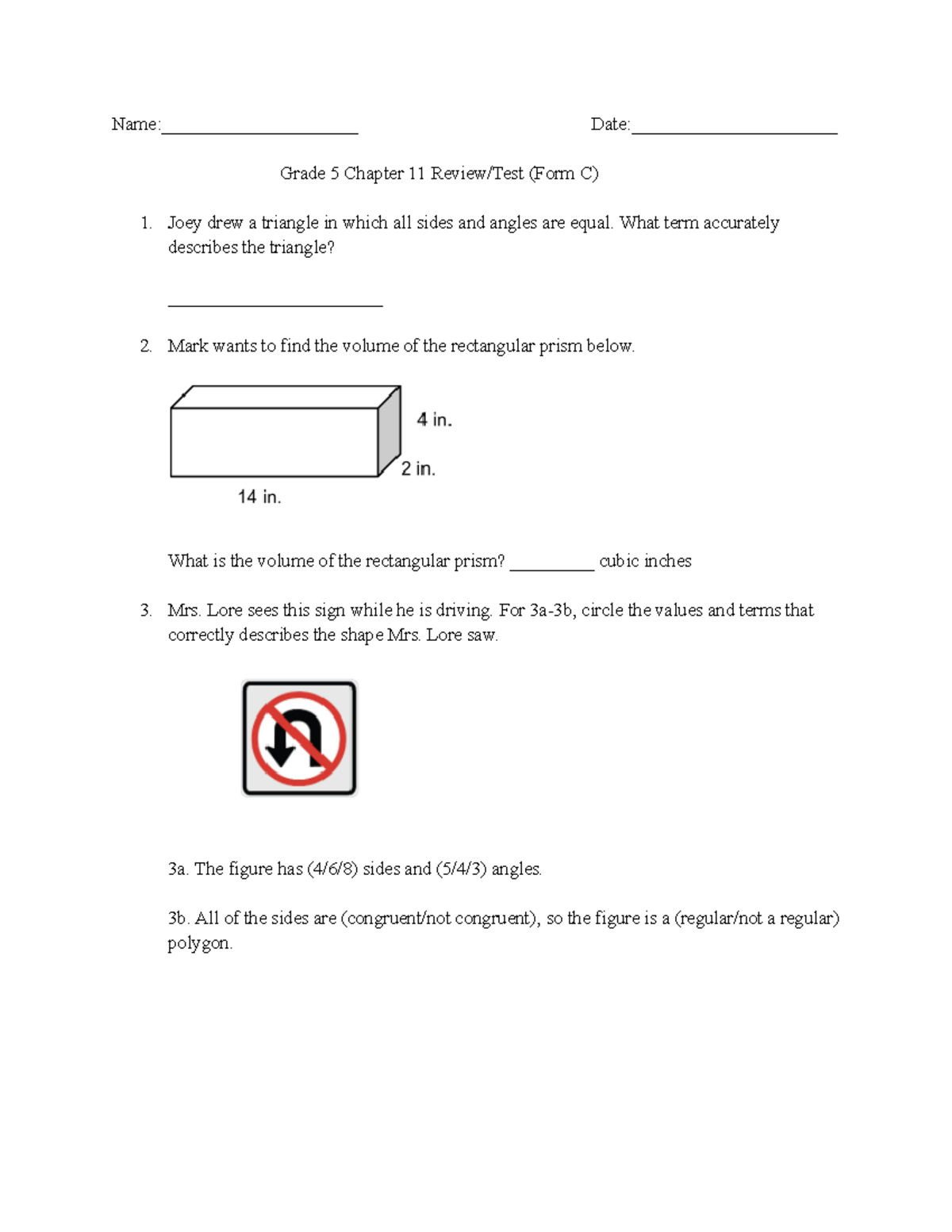 Grade 5 Chapter 11 Review Test (Form C) - Name ...