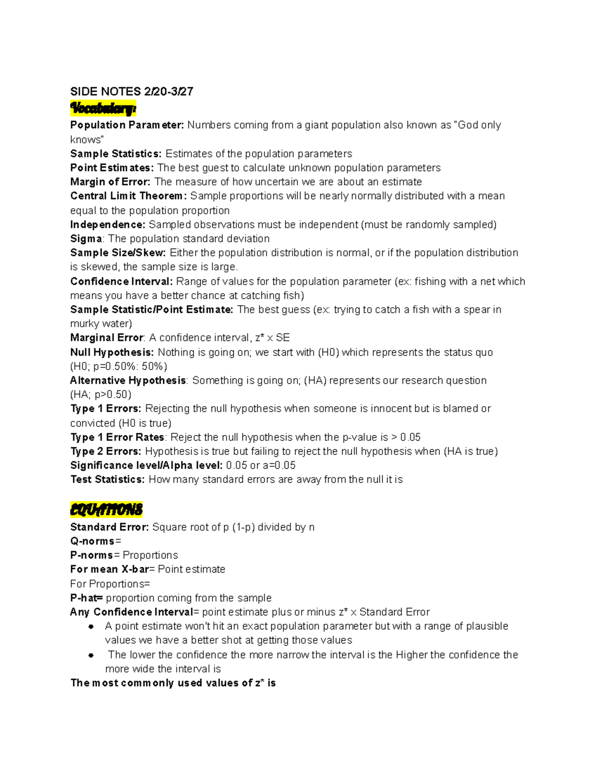 Biostats Notes - SIDE NOTES 2/20-3/ Vocabular: Population Parameter ...
