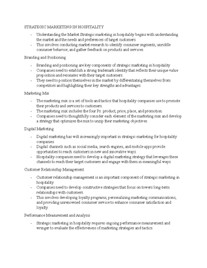 Strategic Marketing IN Hospitality Notes 2 - STRATEGIC MARKETING IN ...