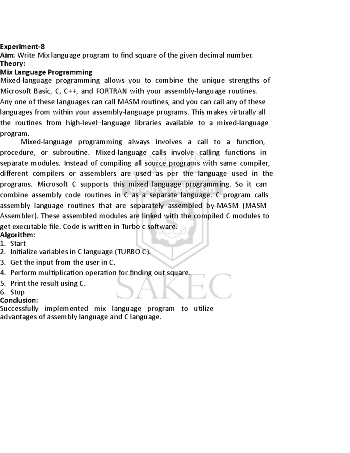 Mix language program to find square of the given decimal number ...