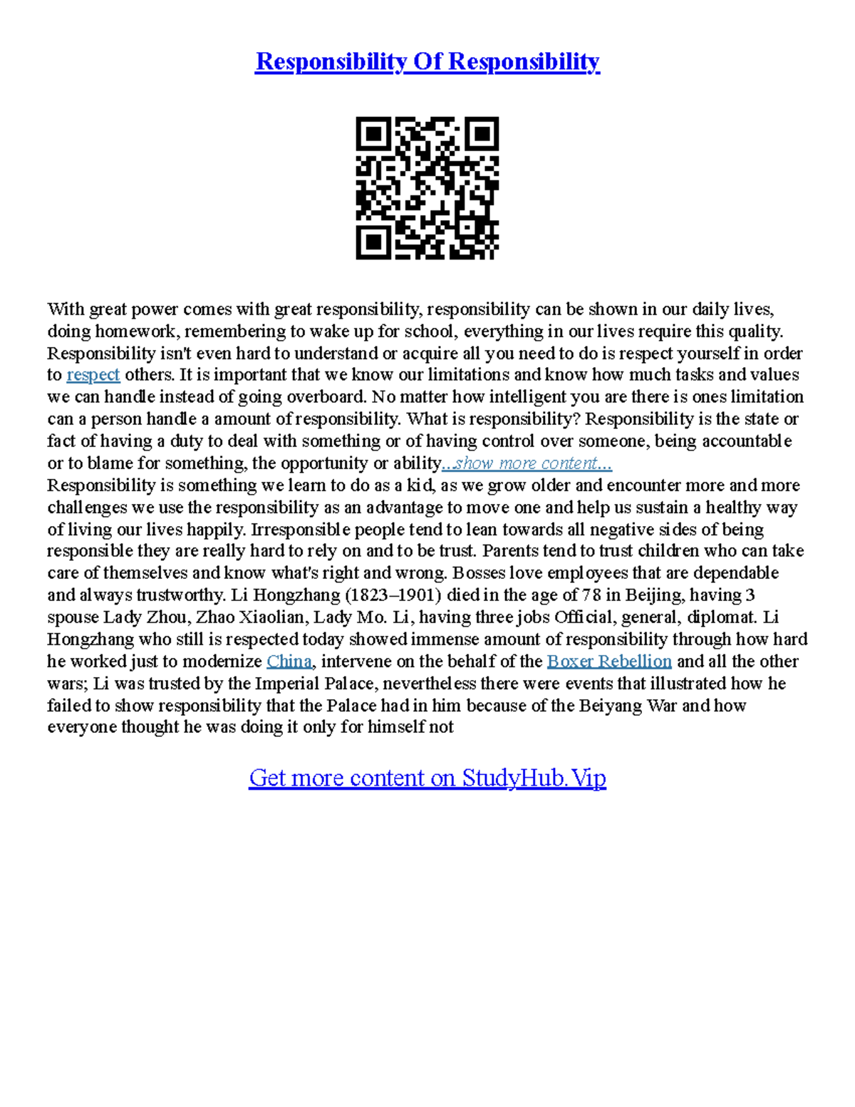 Essay Responsibility - Responsibility Of Responsibility With great power comes with great - Studocu