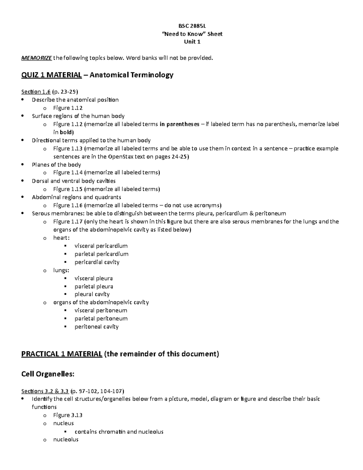 BSC2085L NTKS Unit 1 Revised 8-16-21 - BSC 2085L “Need to Know” Sheet ...