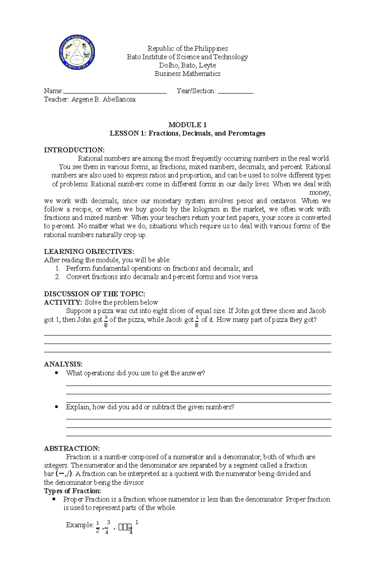 Module 1 (Week 1) - Fractions, Decimals, and Percentages - Republic of the Philippines Bato ...