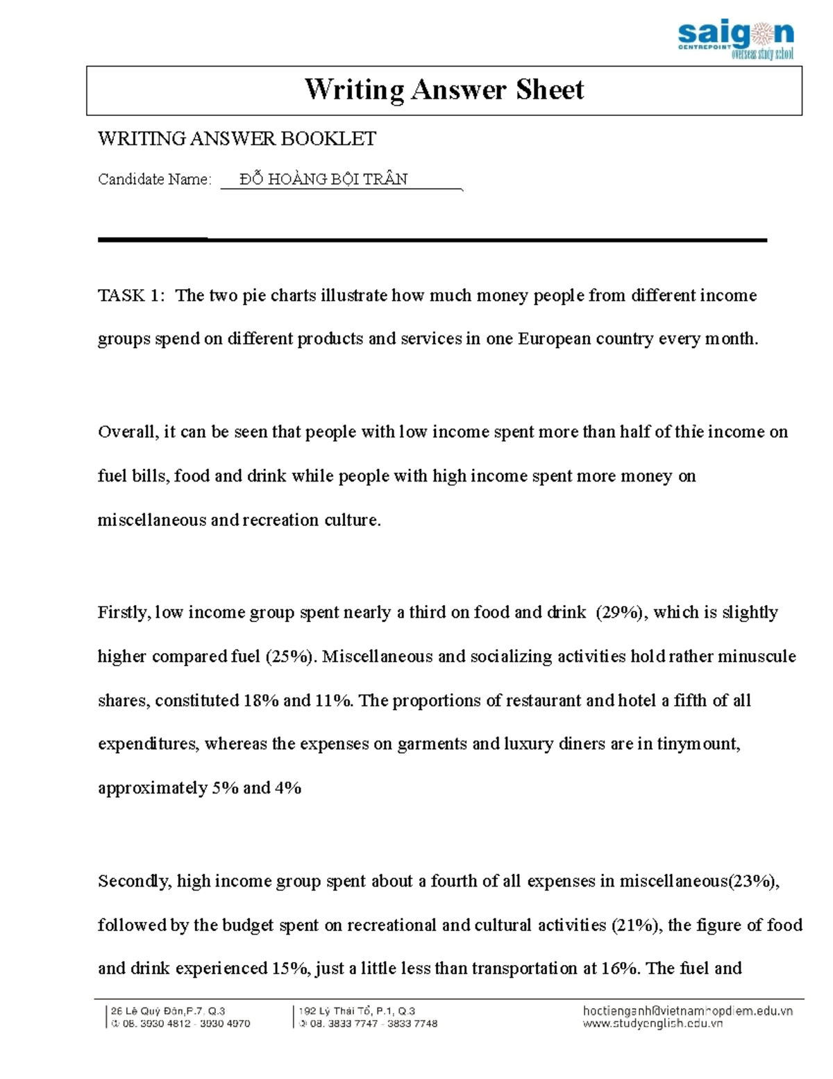 Answer Sheet -Writing - WRITING ANSWER BOOKLET Candidate Name: ĐỖ HOÀNG ...