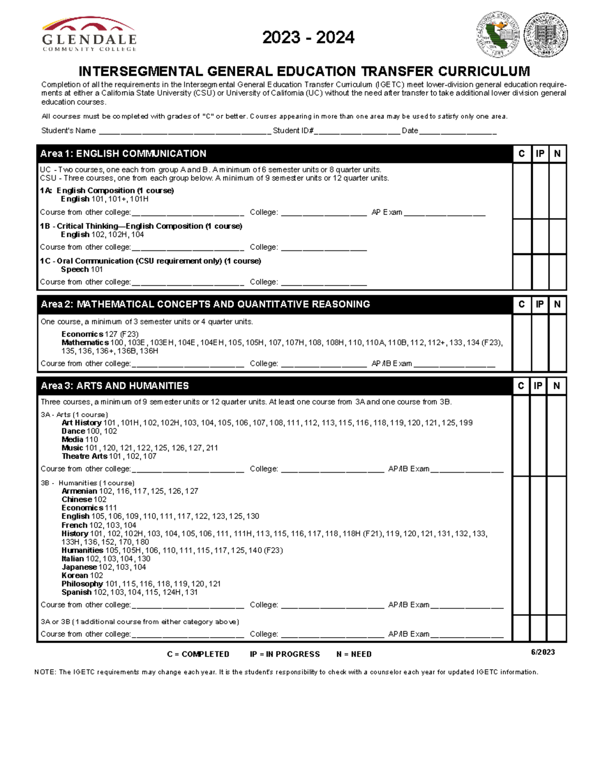 Igetc 202324 - hello - 2023 - 2024 INTERSEGMENTAL GENERAL EDUCATION ...
