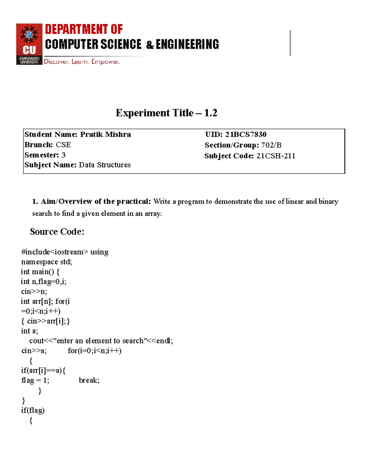 DS 1.2 pratik - worksheetaaaaaa - Experiment Title – 1. Student Name: Pratik Mishra UID: 21BCS ...