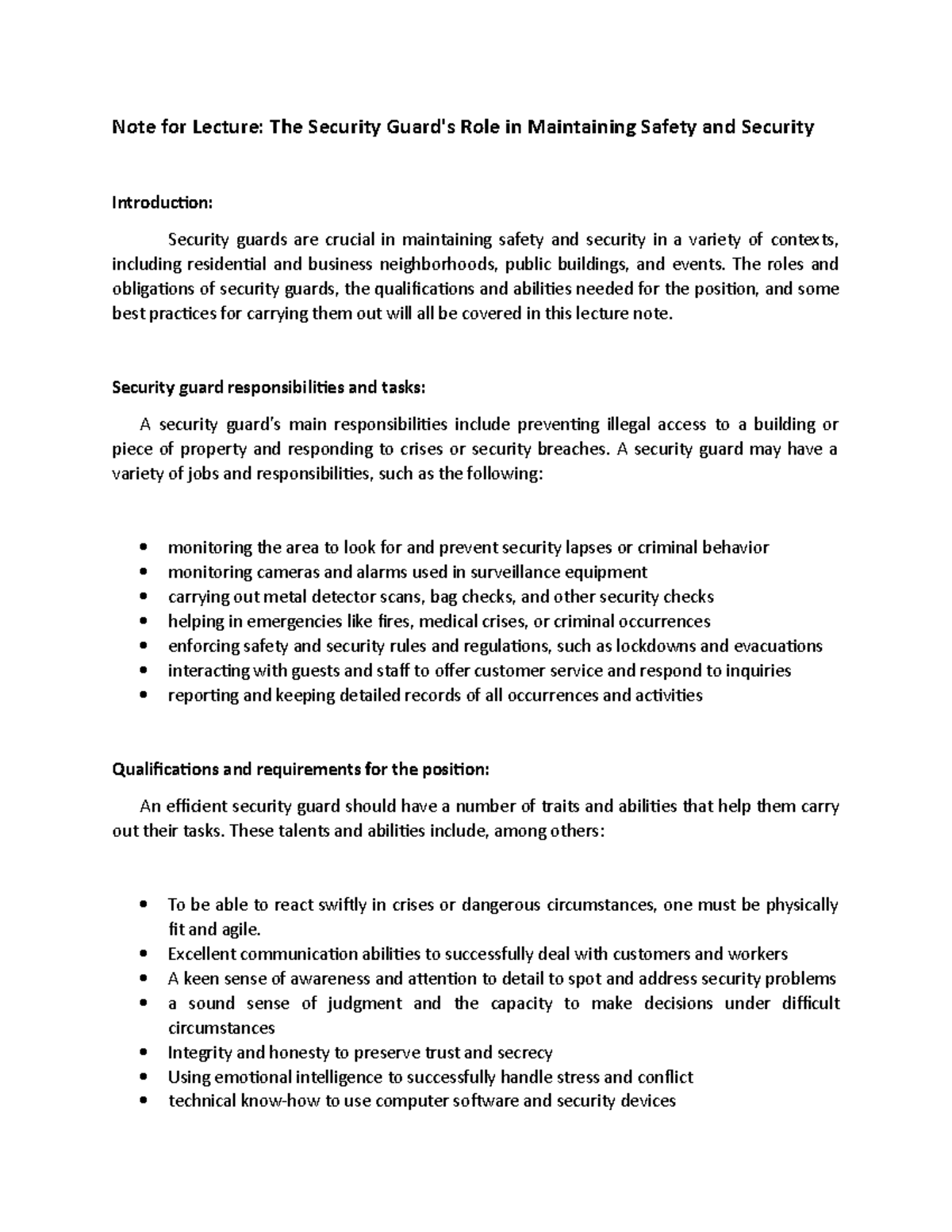 Lecture Notes - Security Guard - Note for Lecture: The Security Guard's ...