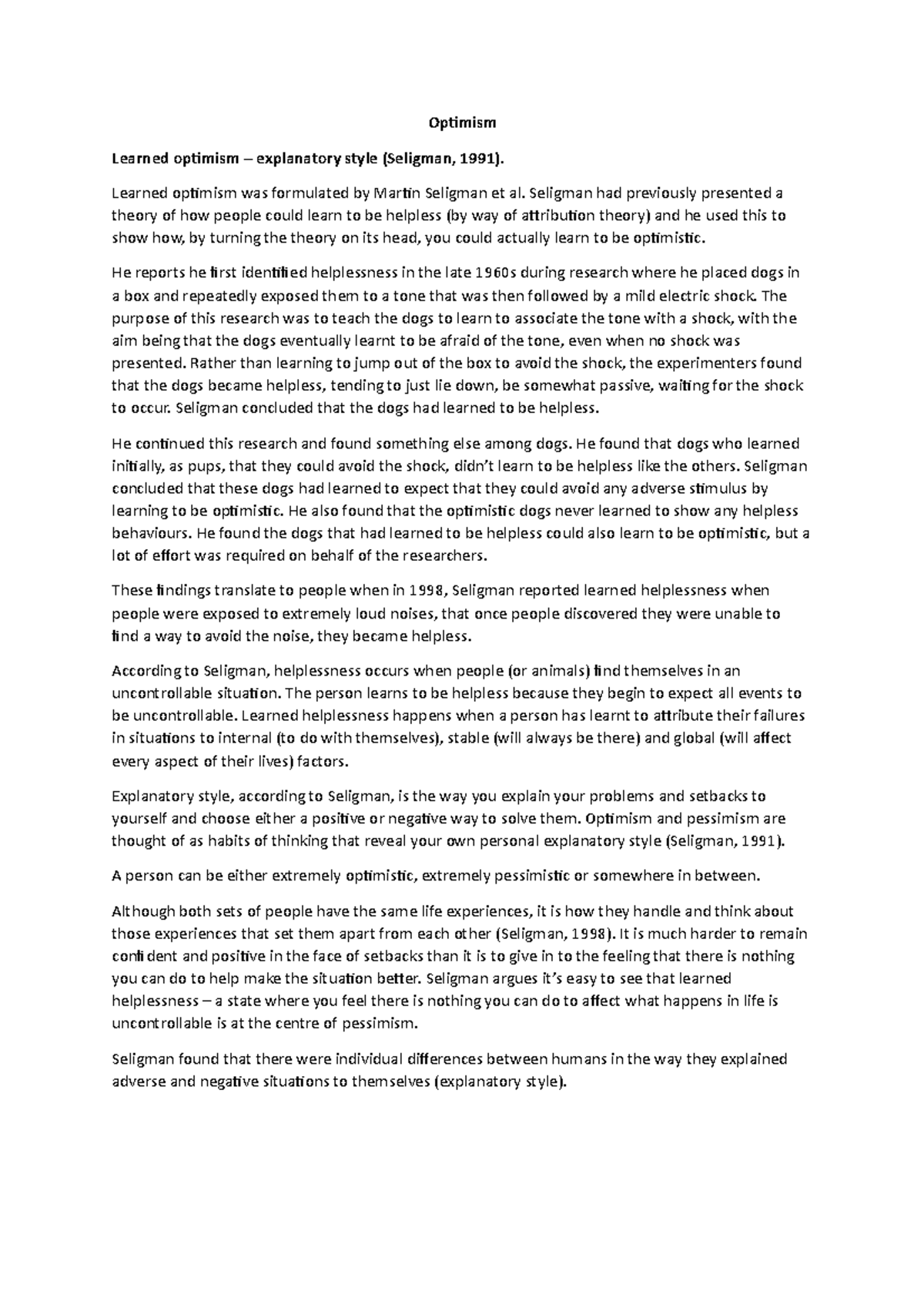 PS4022 optimism notes - Summary Psychology of the Personality ...