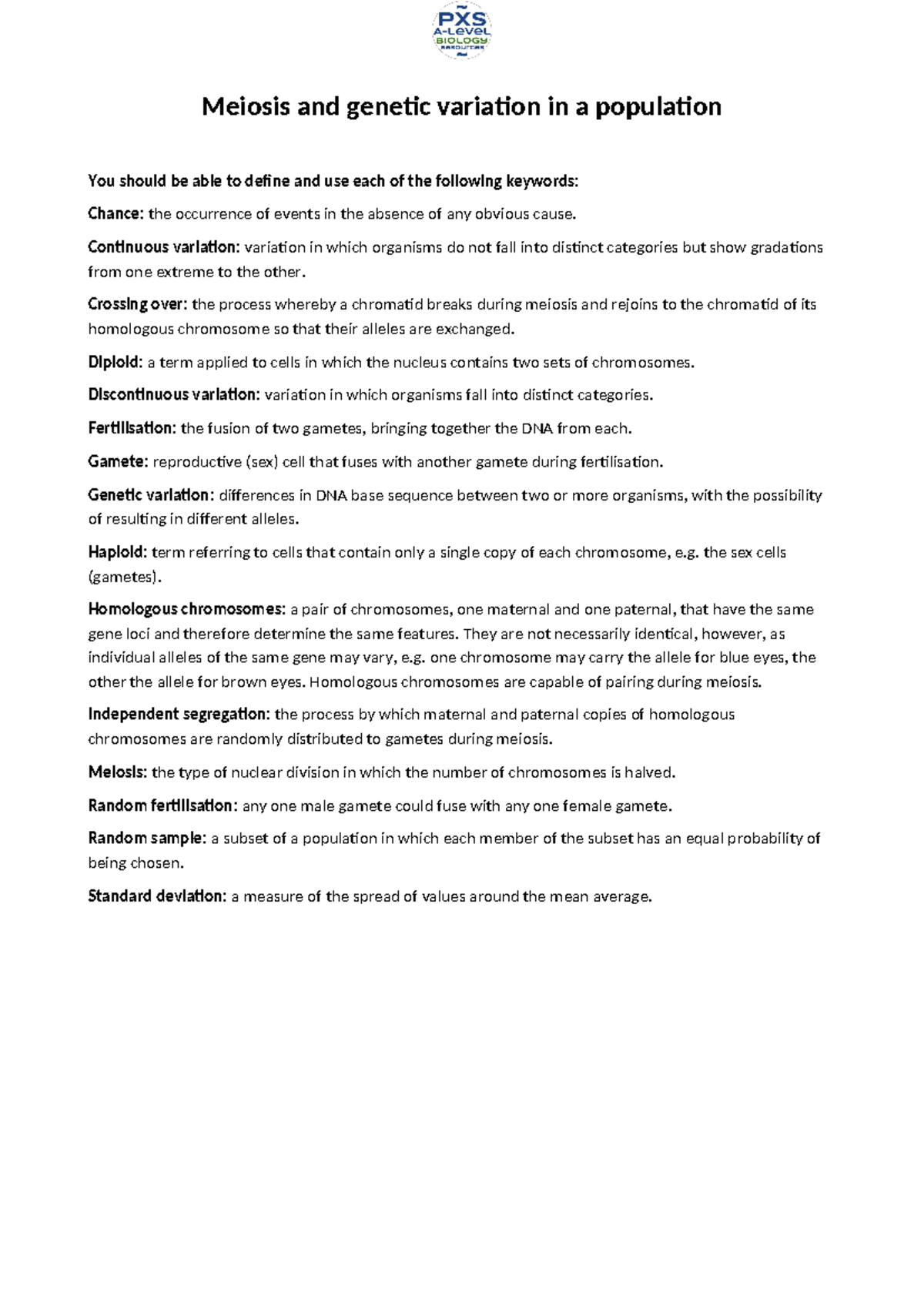Meiosis - Summer task 2 - bio notes - Meiosis and genetic variation in ...