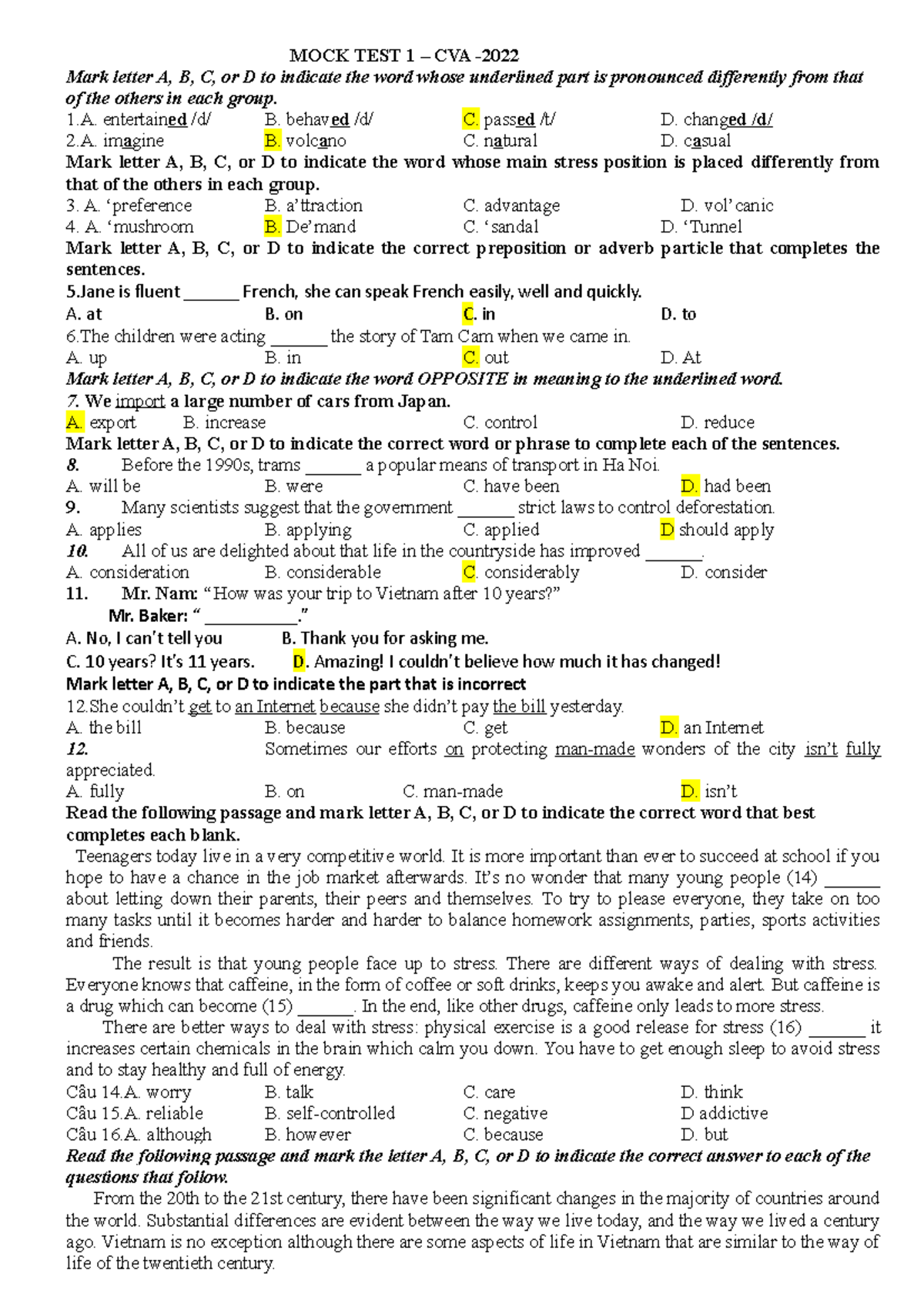 CVA (Ngọc) - tieng anh - MOCK TEST 1 – CVA - Mark letter A, B, C, or D ...