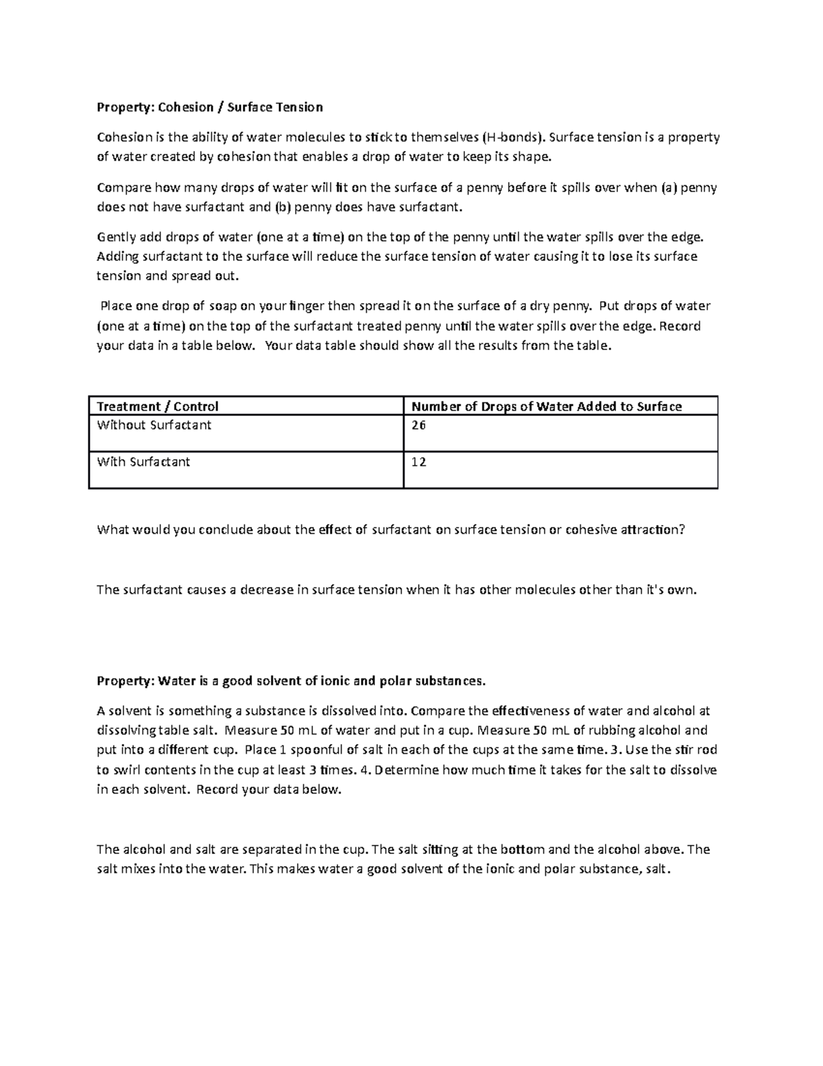 Properties of Water, New Lab-1 (1) - Property: Cohesion / Surface ...