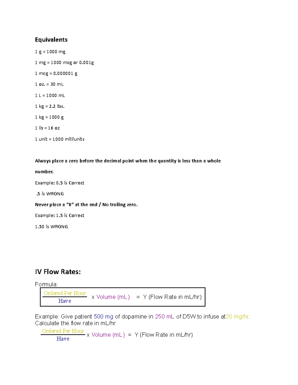 Math-Review 1 - Math review - Equivalents 1 g = 1000 mg 1 mg = 1000 mcg ...