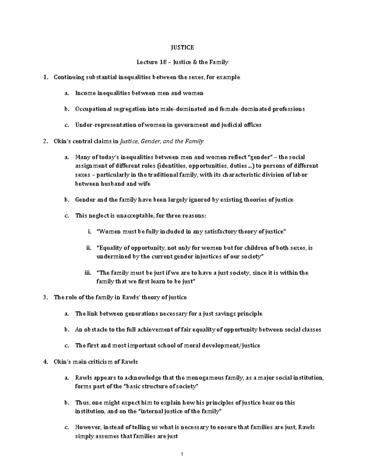 Lecture notes, lecture 18 & 19 - JUSTICE Lecture 18 Justice the Family ...