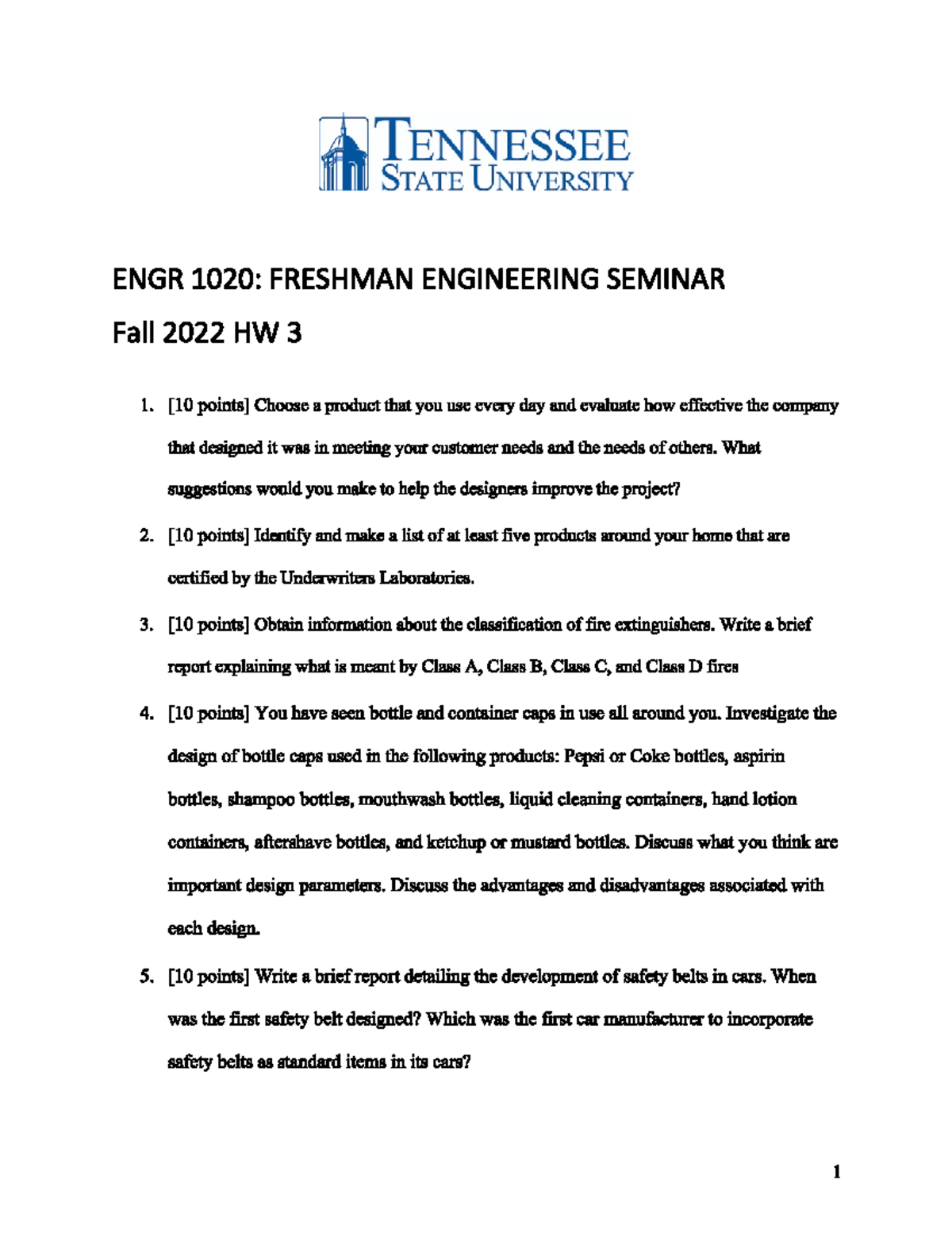 Fall 2022 HMW 3 Multiple Choice Answers - ENGR 1020 - Tenn State - Studocu