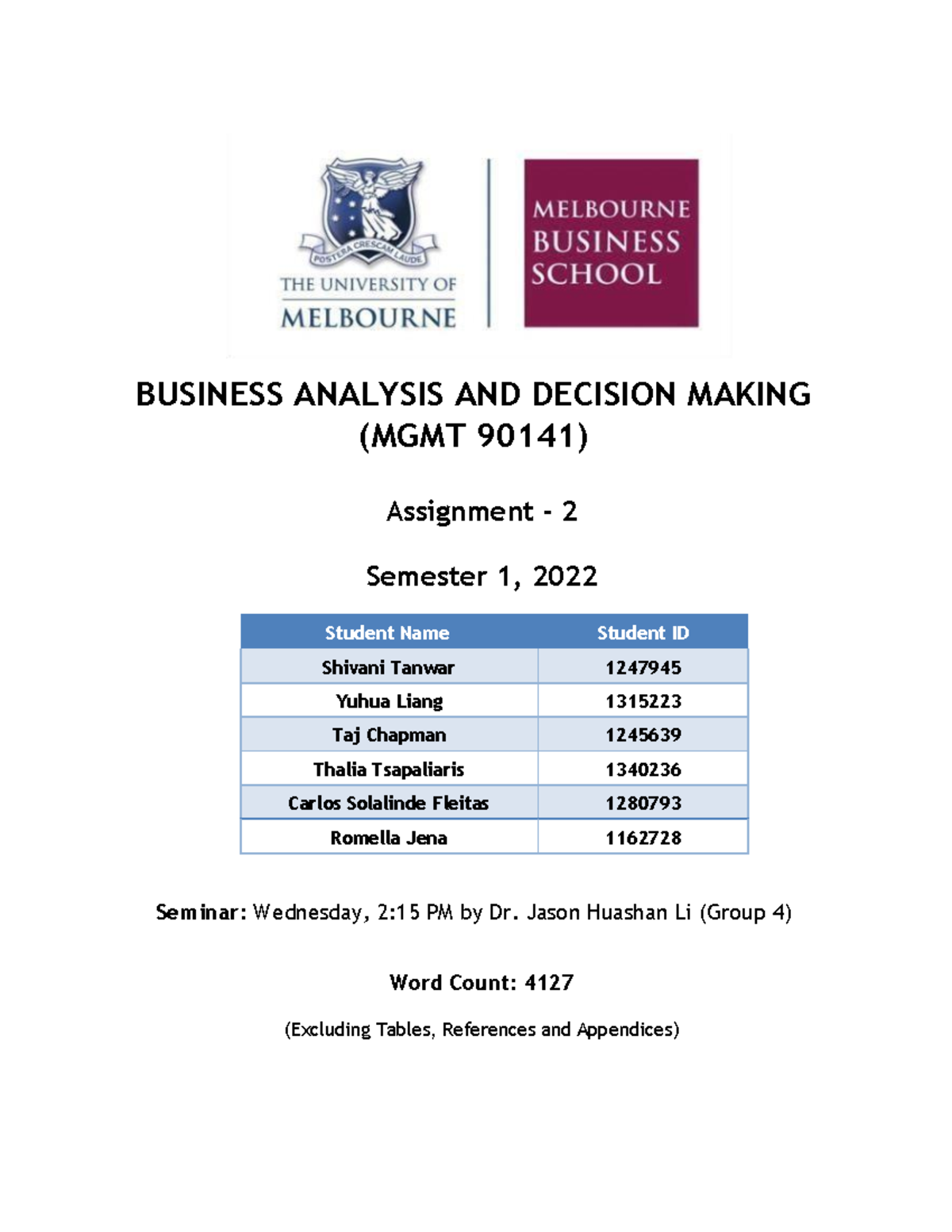 MGMT900141 Assignment 2 Group 4 Final Report-4 - BUSINESS ANALYSIS AND DECISION MAKING (MGMT ...