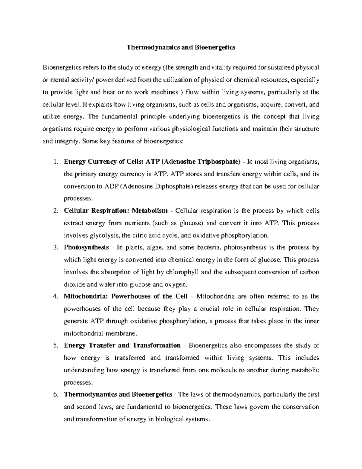 Bioenergetics Notes - Thermodynamics and Bioenergetics Bioenergetics ...