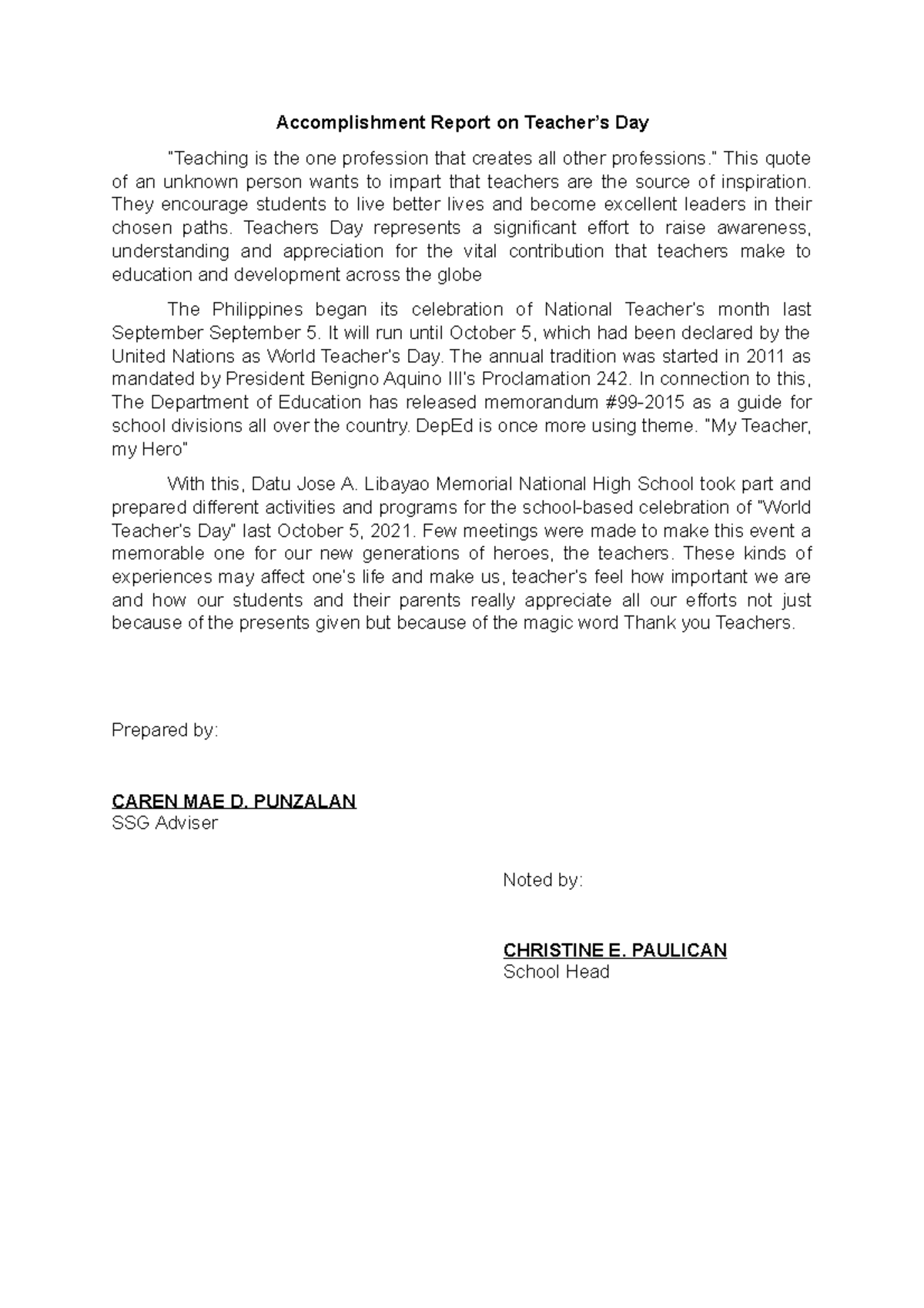 Accomplishment report teachers day - Accomplishment Report on Teacher’s ...