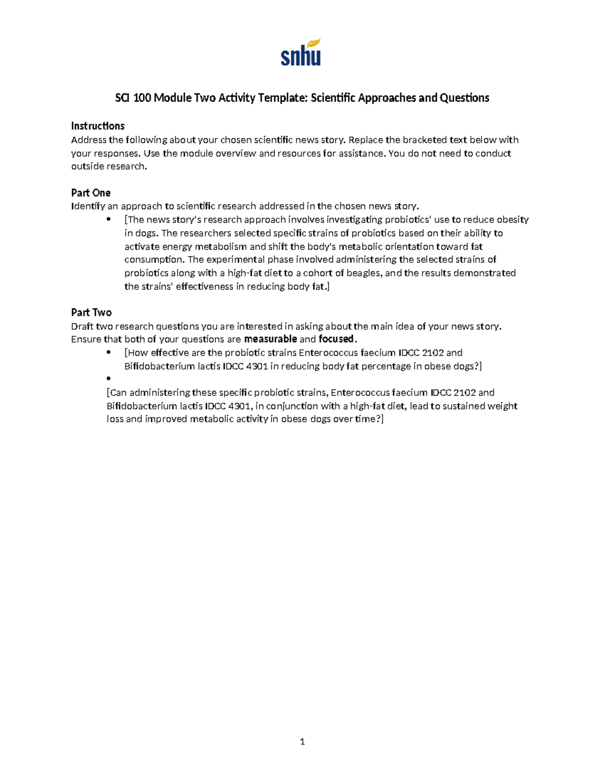 SCI 100 Module Two Activity Template - Replace the bracketed text below with your responses. Use ...