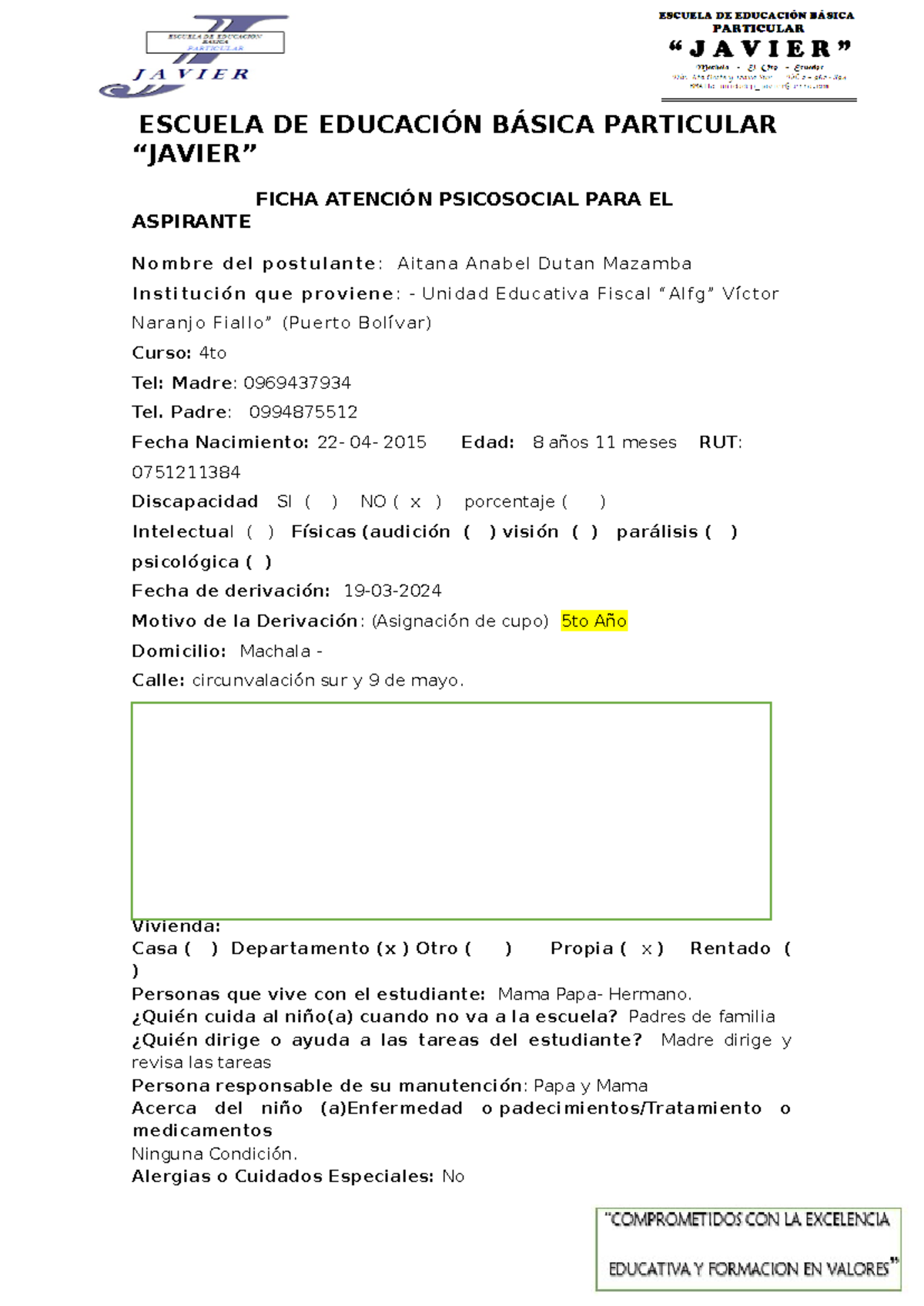 Ficha Psicosocial Aitana Anabel Dutan Mazamba - ESCUELA DE EDUCACIÓN ...
