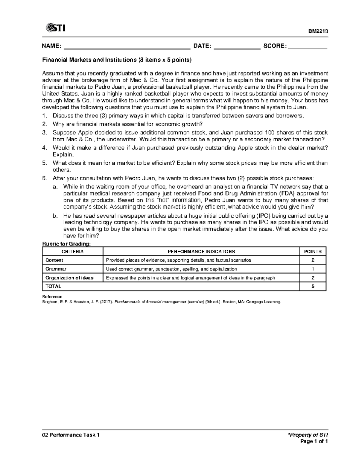 02 Performance Task 1(3)-1 - BM 02 Performance Task 1 *Property of STI Page 1 of 1 NAME: DATE ...