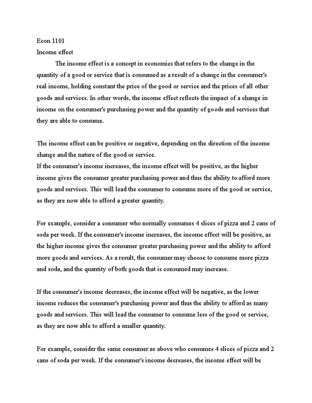 Income effect - Econ 1101 lecture notes - Econ 1101 Income effect The ...