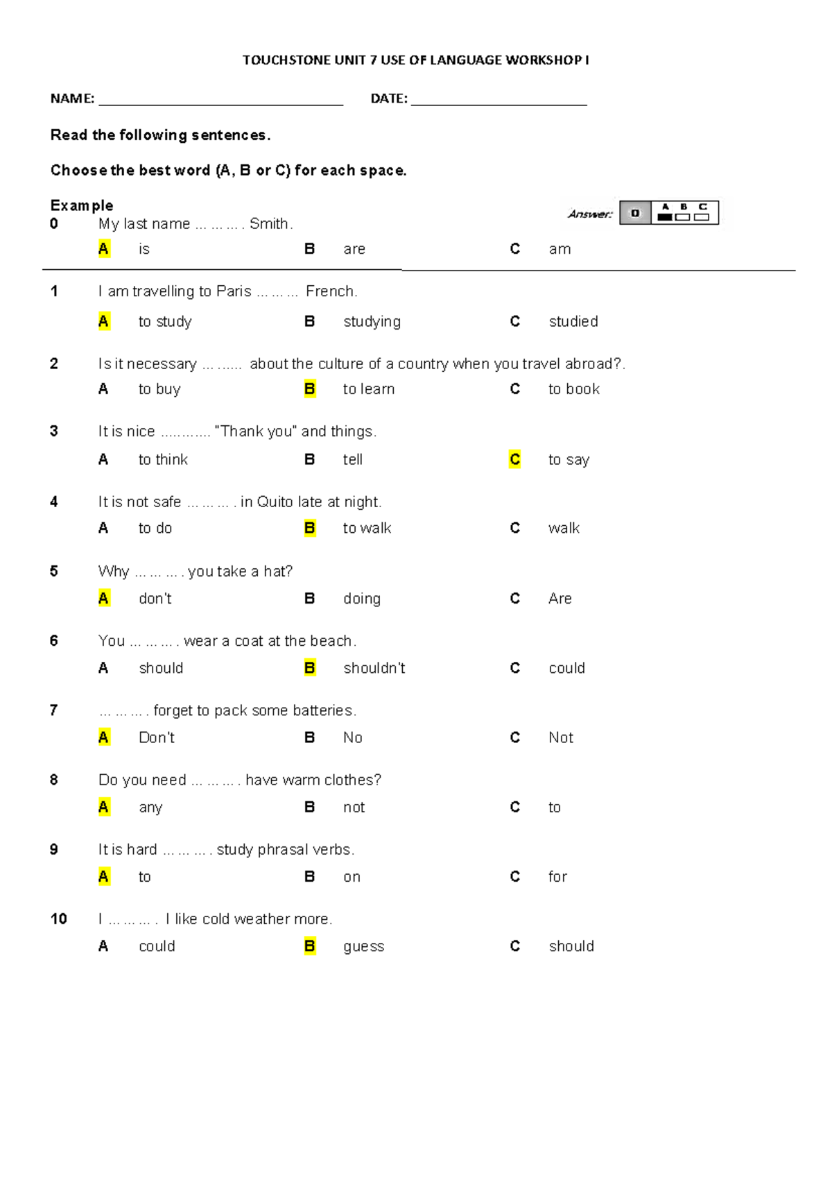 Unit 7-Use of Language I - TOUCHSTONE UNIT 7 USE OF LANGUAGE WORKSHOP I ...