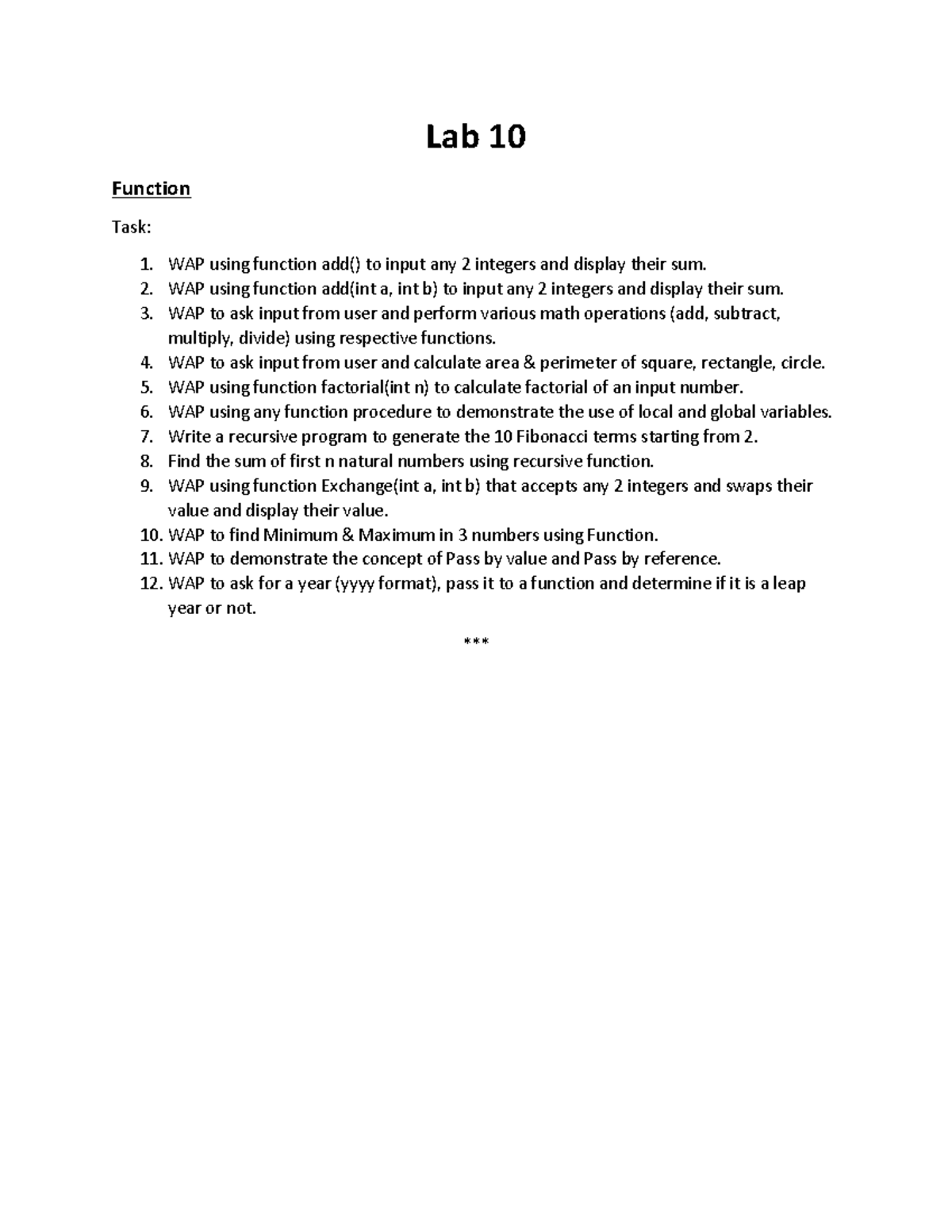 Lab10 - Lab 10 Function Task: WAP using function add() to input any 2 ...