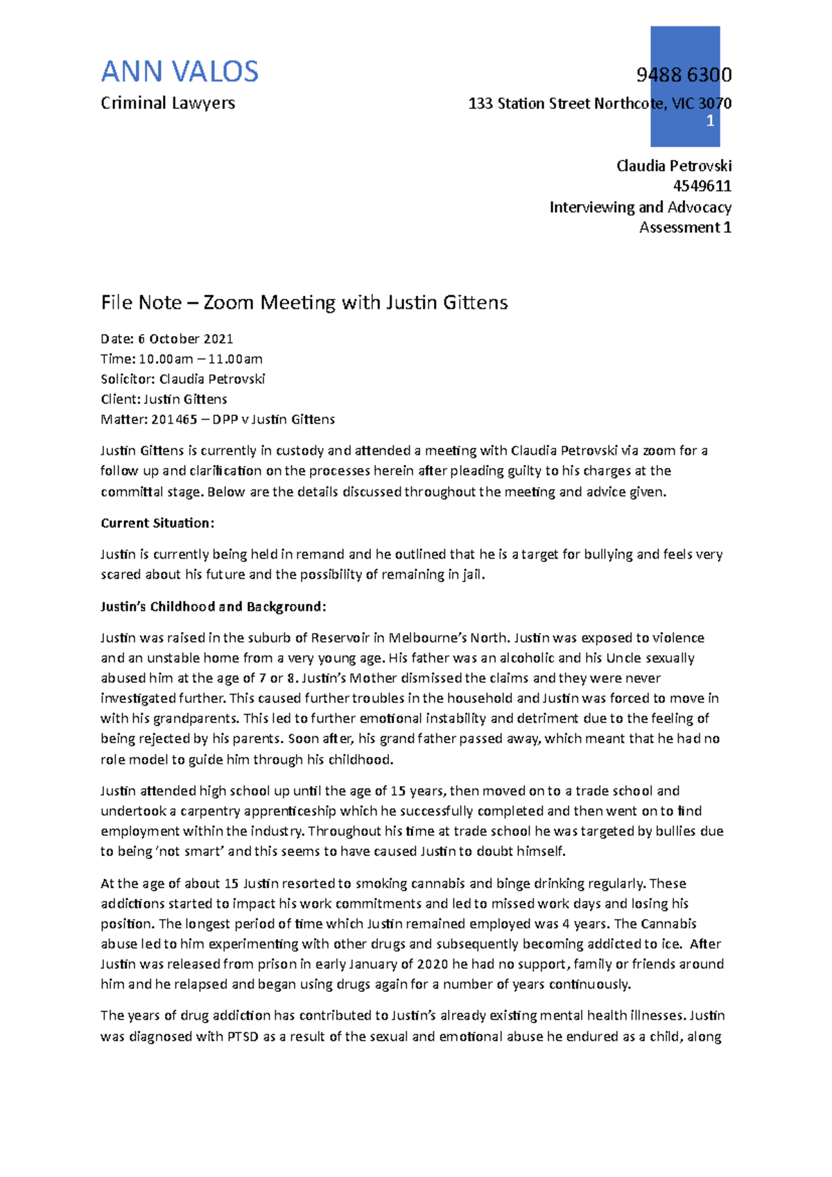 Interviewing and Advocacy - File Note - Assessment 1 - Criminal Lawyers ...