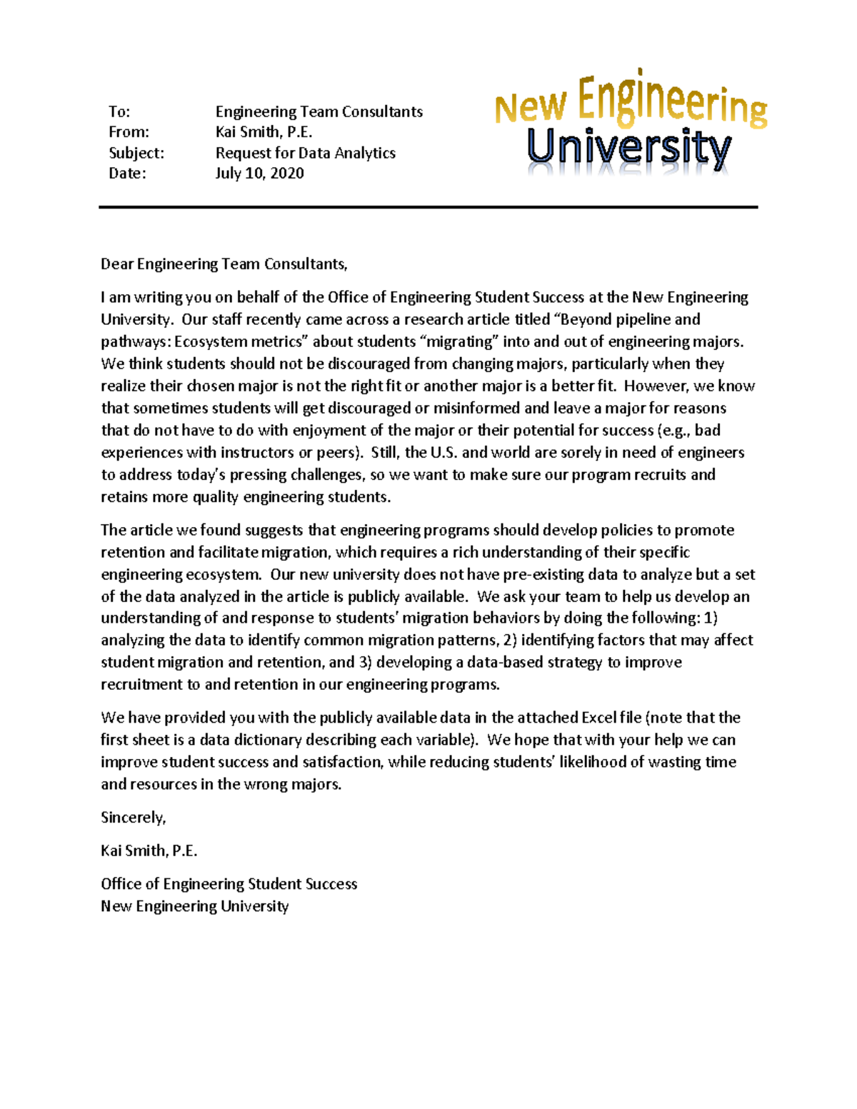 memo for project - To: Engineering Team Consultants From: Kai Smith, P ...