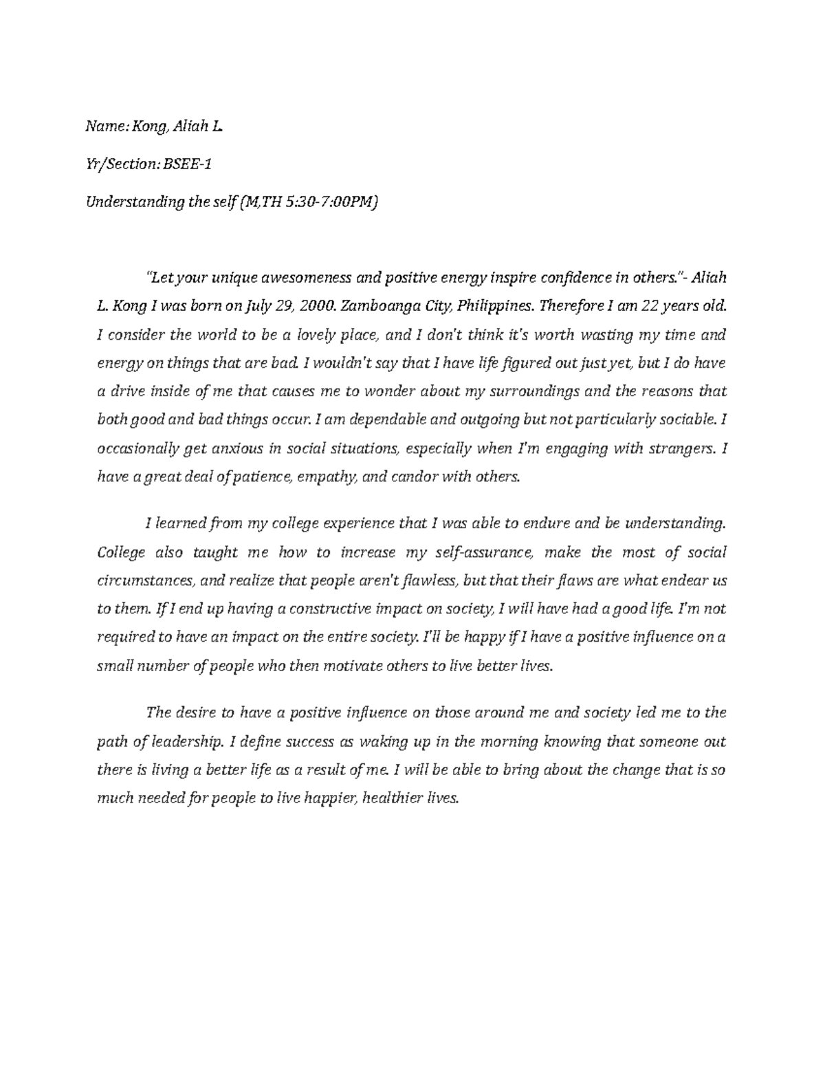 Understanding the self reflection paper - Name: Kong, Aliah L. Yr ...