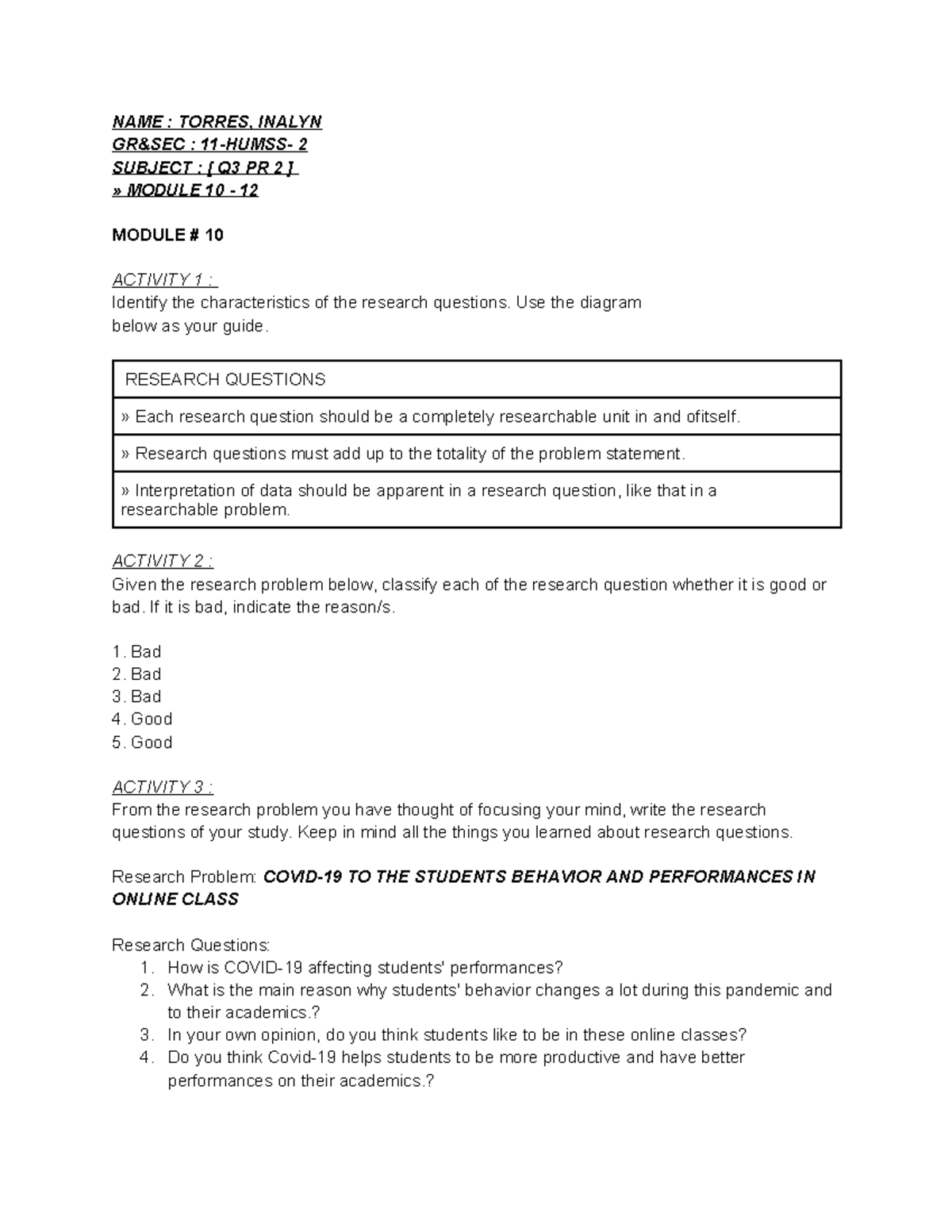Q3 pr2 module 10 - NAME : TORRES, INALYN GR&SEC : 11-HUMSS- 2 SUBJECT ...