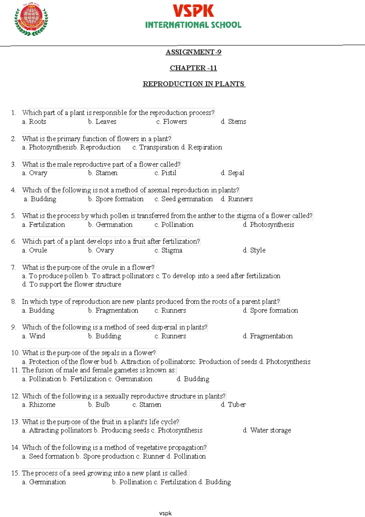 Assignment- 9 ( Chapter 11) - ASSIGNMENT- CHAPTER - REPRODUCTION IN ...