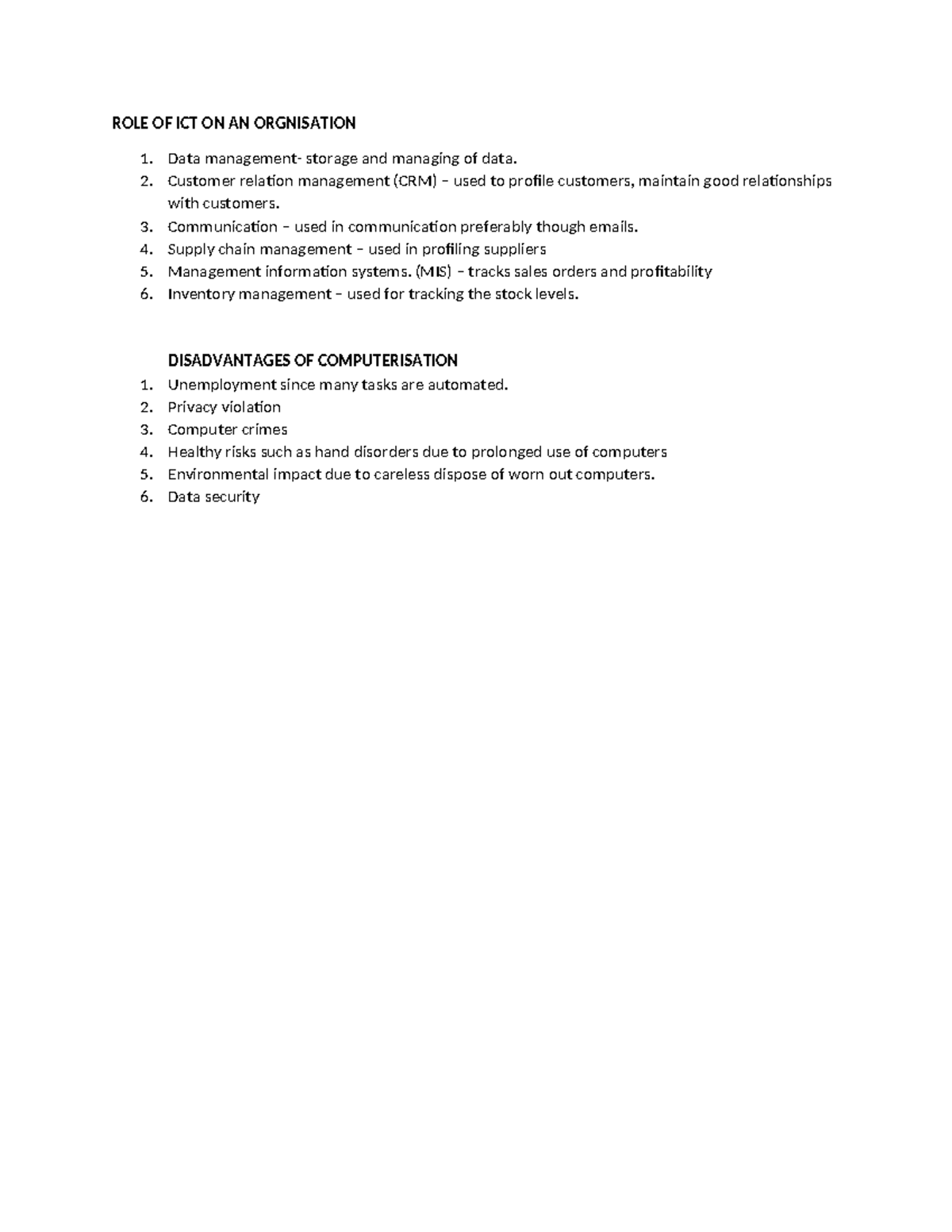 ROLE OF ICT ON AN Orgnisation - ROLE OF ICT ON AN ORGNISATION Data ...